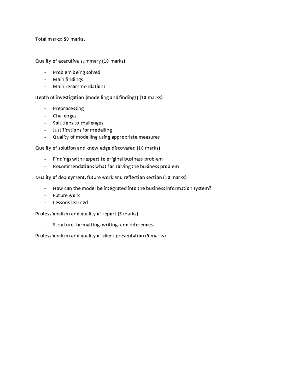 Assignment 3 marking criteria - Total marks: 5 0 marks. Quality of executive summary (10 marks ...
