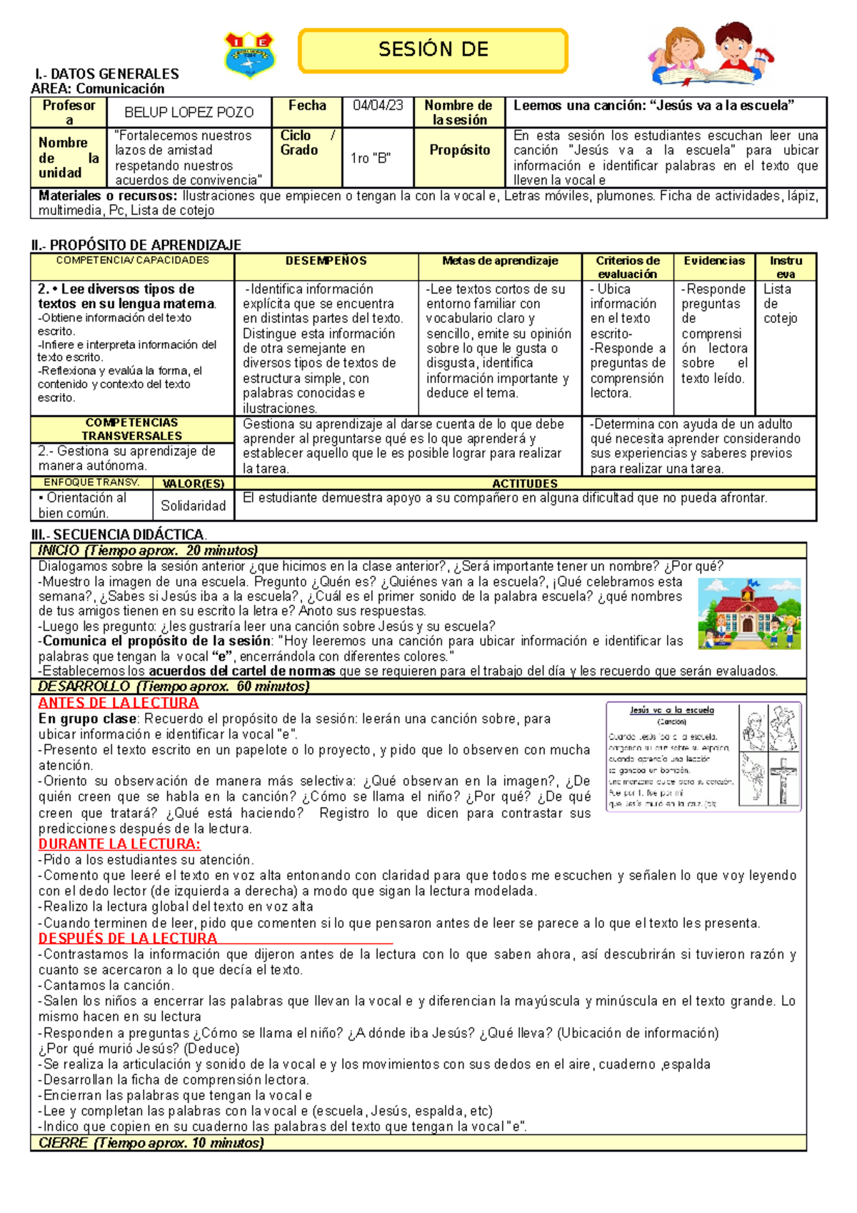 Sesiion Jesus VA A LA Escuela Vocal E - I.- DATOS GENERALES AREA ...