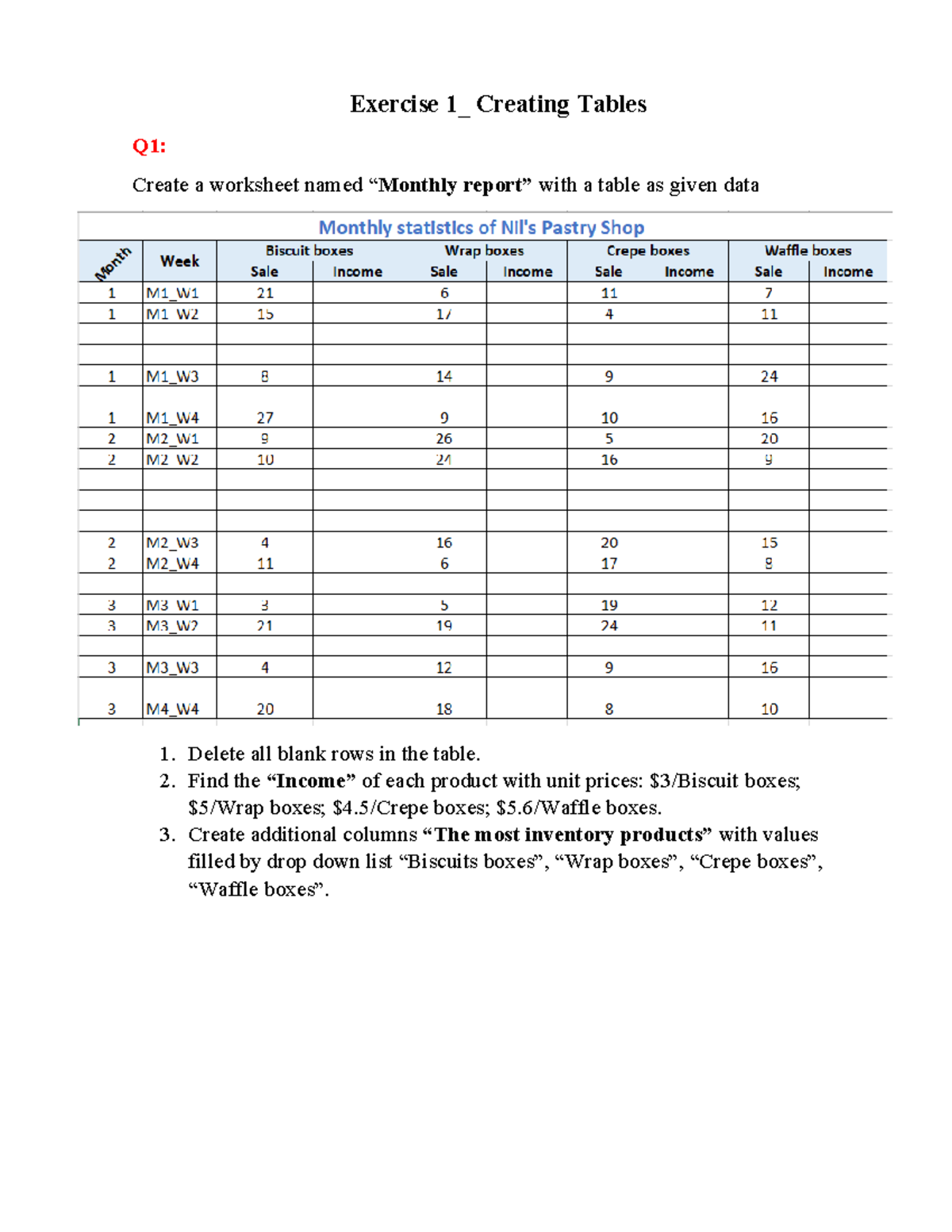 Exercise 1 - Exercise 1_ Creating Tables Q1: Create a worksheet named “Monthly report” with a ...