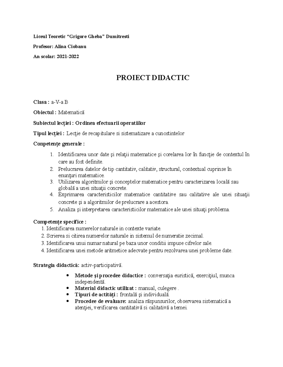 Clasa V 1 - functii - Liceul Teoretic “Grigore Gheba” Dumitresti ...