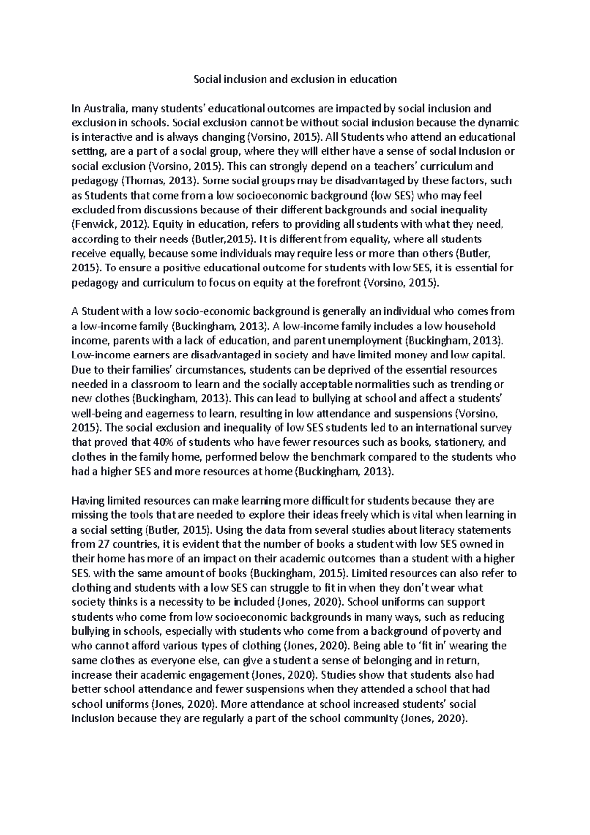 Assess 3 EDUC 1101 - Essay on Social inclusion and exclusion in ...