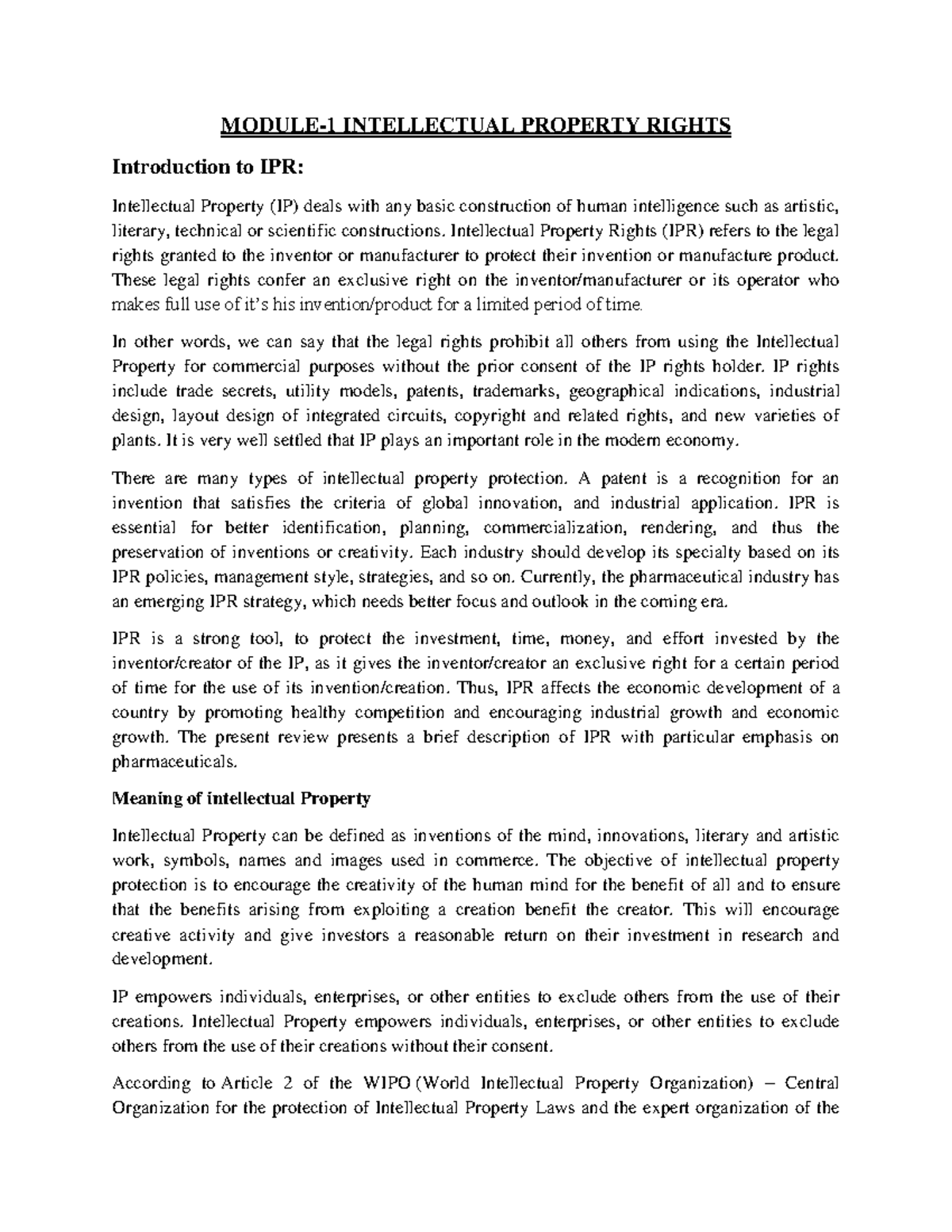 IPR Module-1 - Financial services - MODULE-1 INTELLECTUAL PROPERTY RIGHTS Introduction to IPR ...