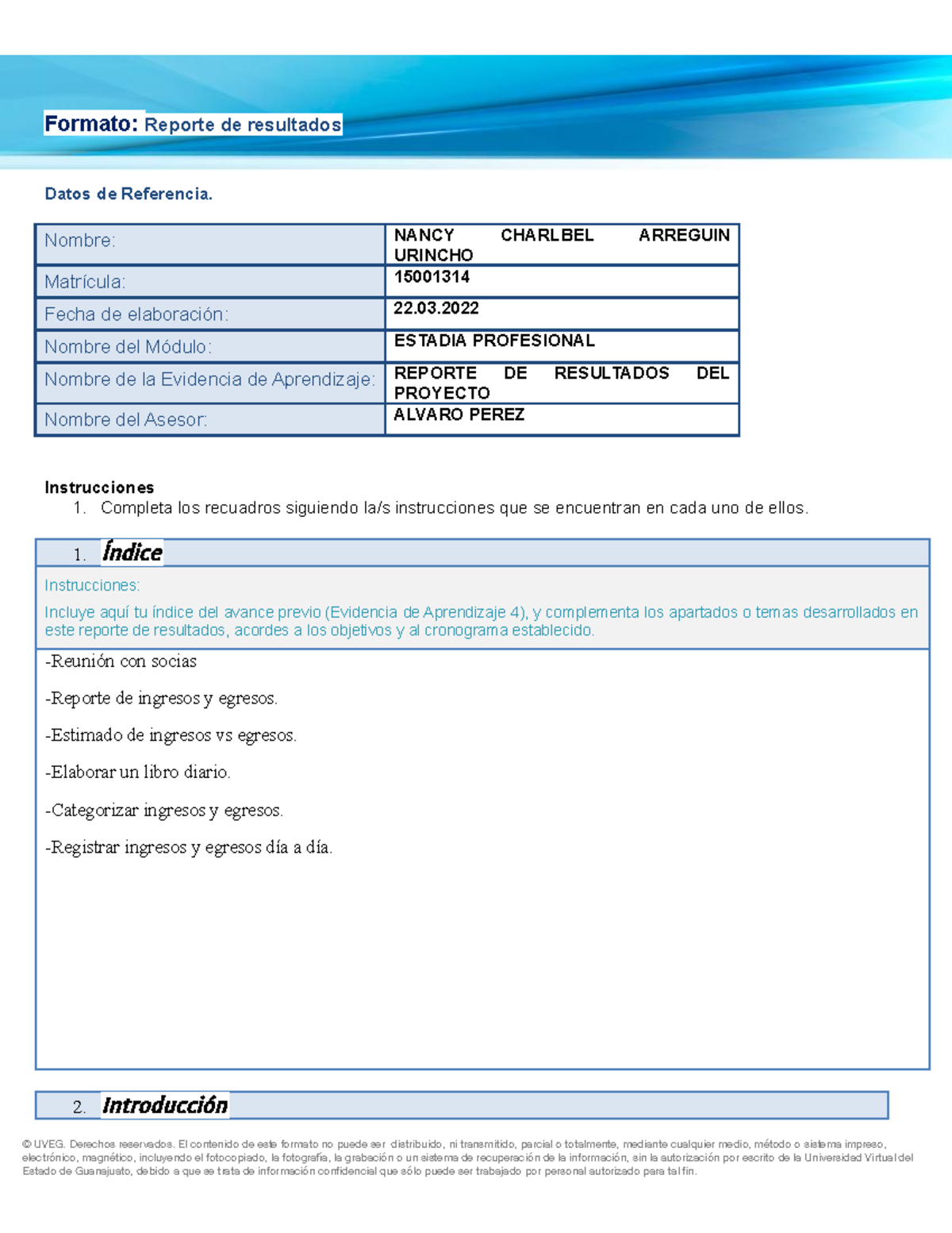 Arreguin Nancy Reporte DE Resultados academicos - Formato: Reporte de ...