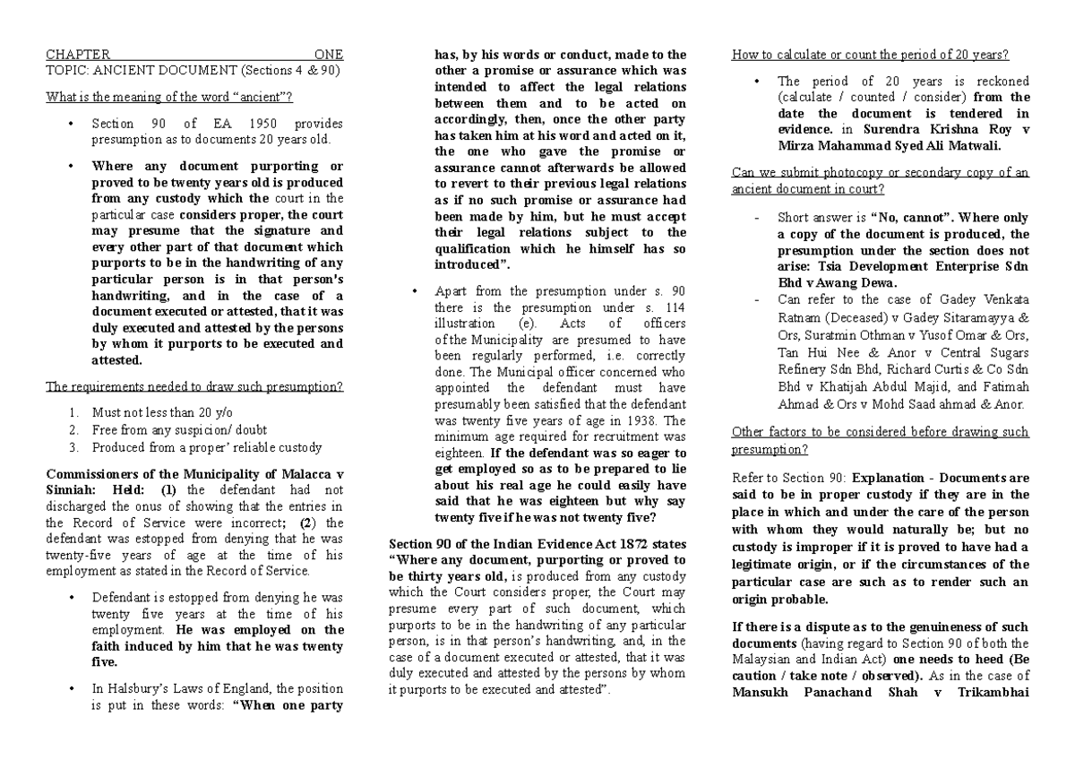 Evidence 2 Chapter 2 - CHAPTER ONE TOPIC: ANCIENT DOCUMENT (Sections 4 & 90) What is the meaning ...
