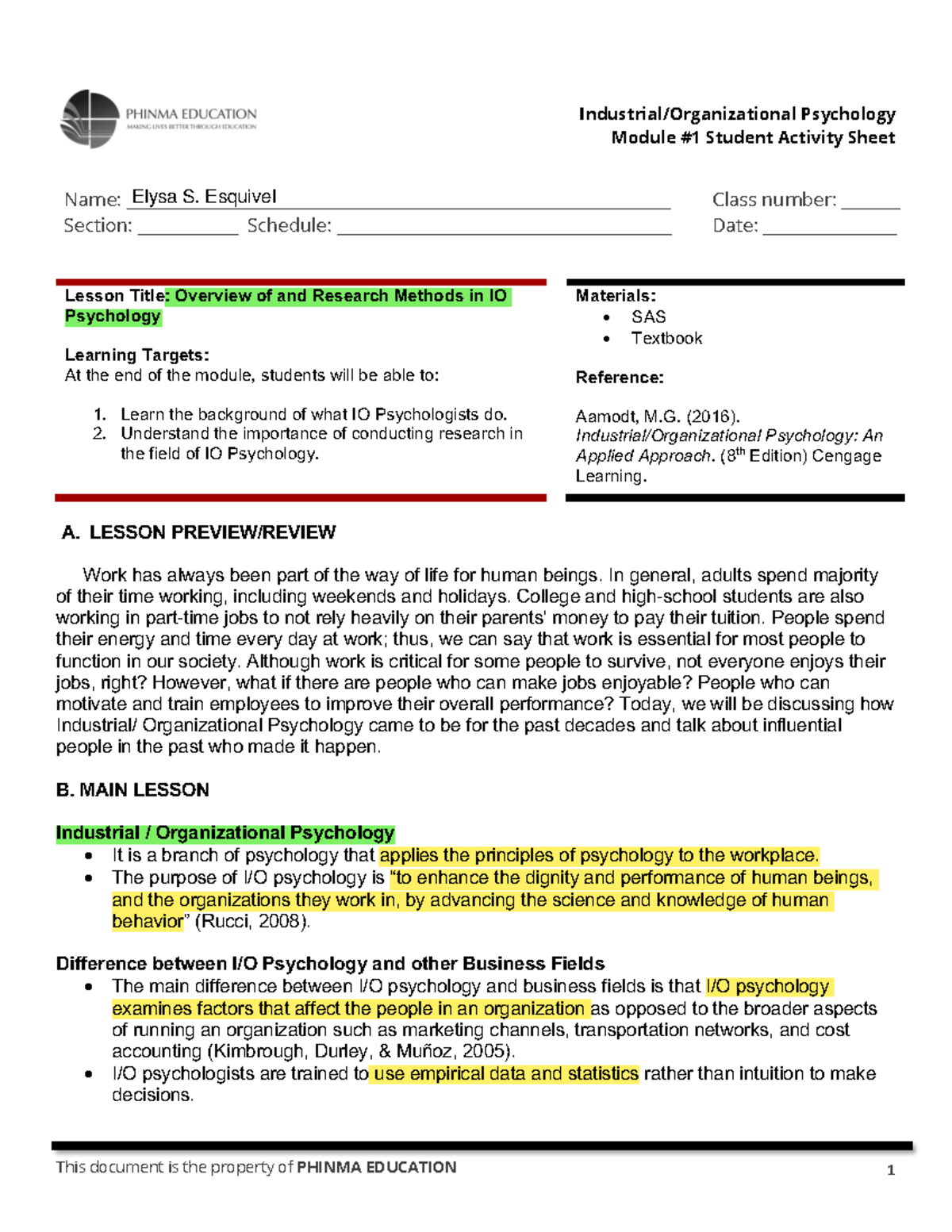 P1 - Module 1-8 Industrial-Organizational Psychology - Module #1 ...