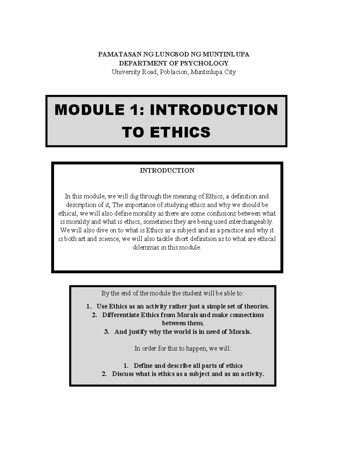 Ethics-PDF-Compilation - PAMATASAN NG LUNGSOD NG MUNTINLUPA DEPARTMENT OF PSYCHOLOGY University ...