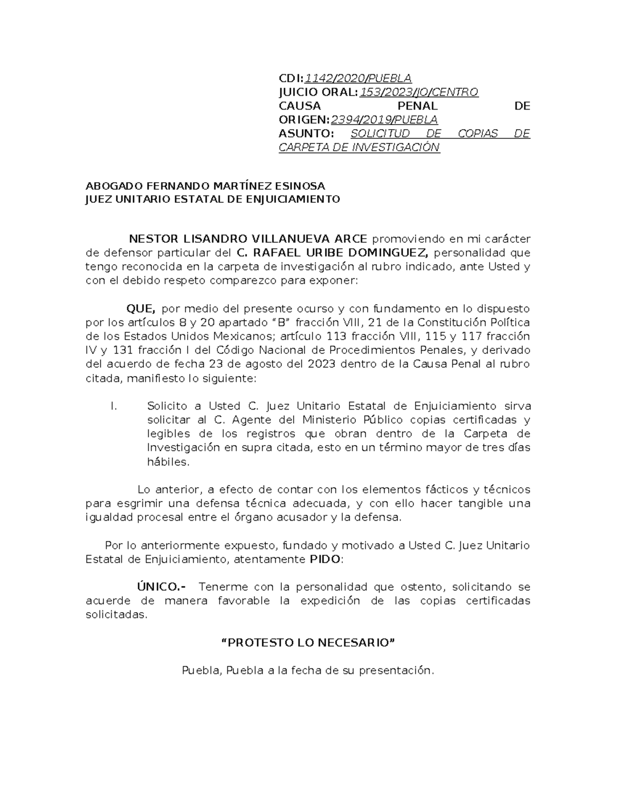 180923 Solicitud DE Copias CDI JO ROBO Agravado KH - CDI:1142/2020 ...