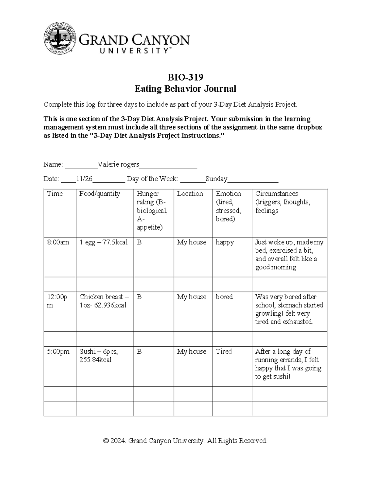 Behavior journal final - BIO- Eating Behavior Journal Complete this log ...
