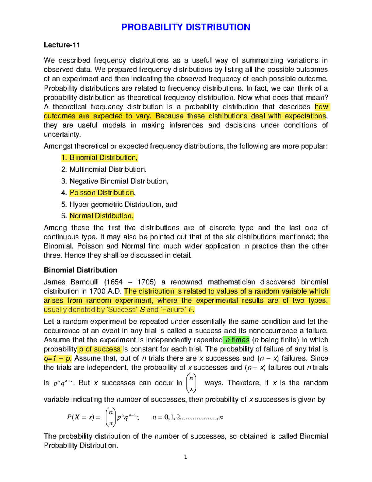 Lecture-11 (Probability Distribution) - Lecture- We described frequency ...
