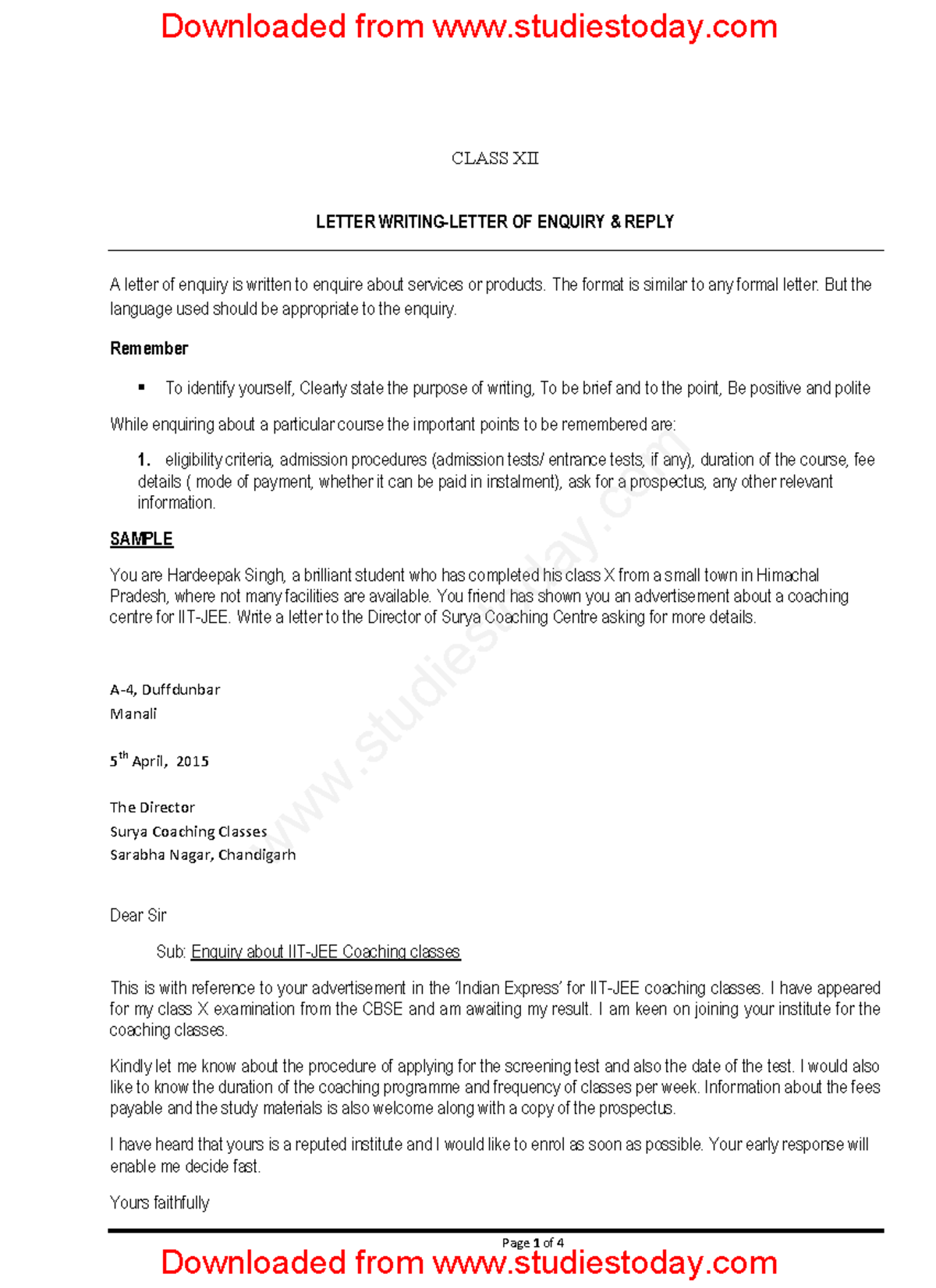 CBSE Class 12 English Letter Writing Letter Of Enquiry and Reply ...