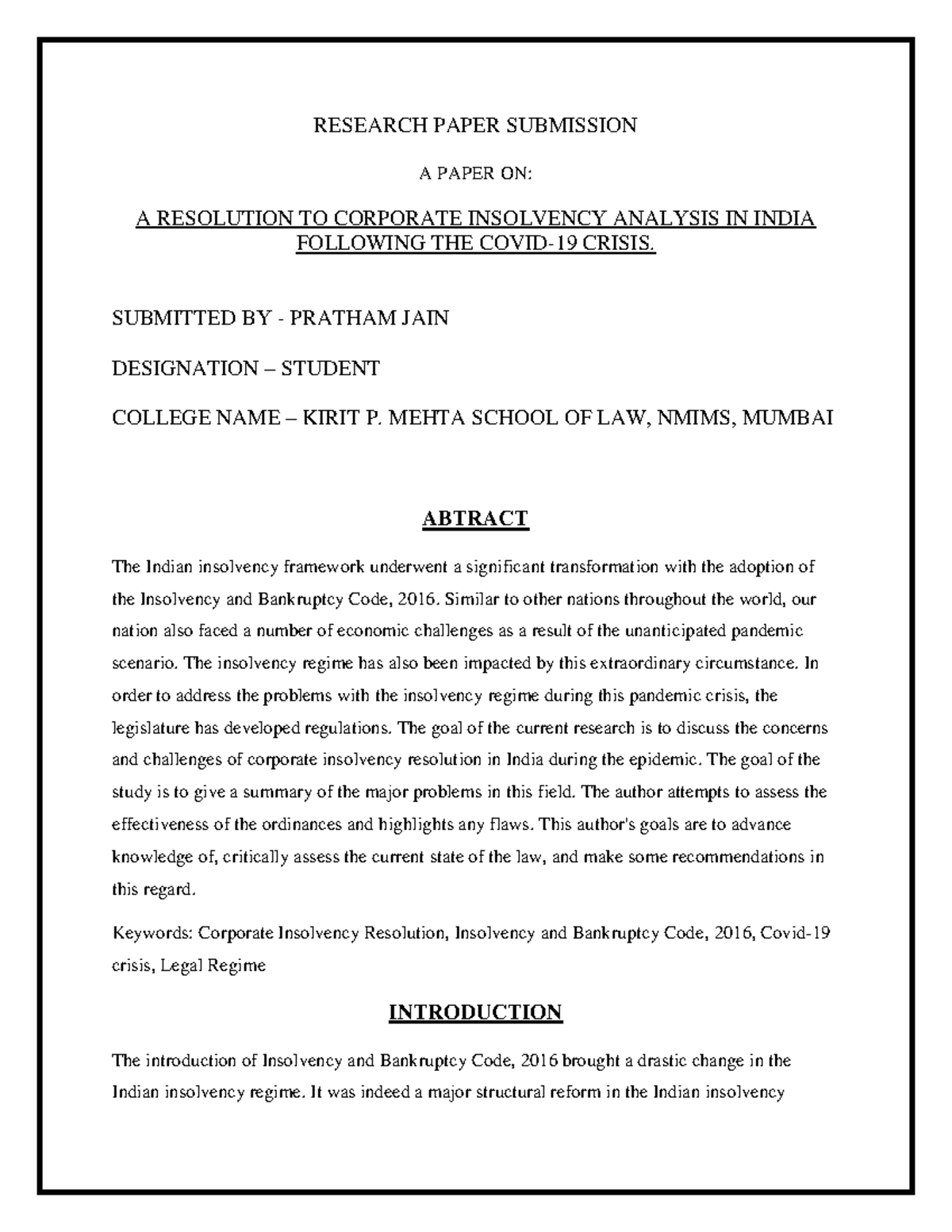 Pratham JAIN - IBC Paper Submission - RESEARCH PAPER SUBMISSION A PAPER ...