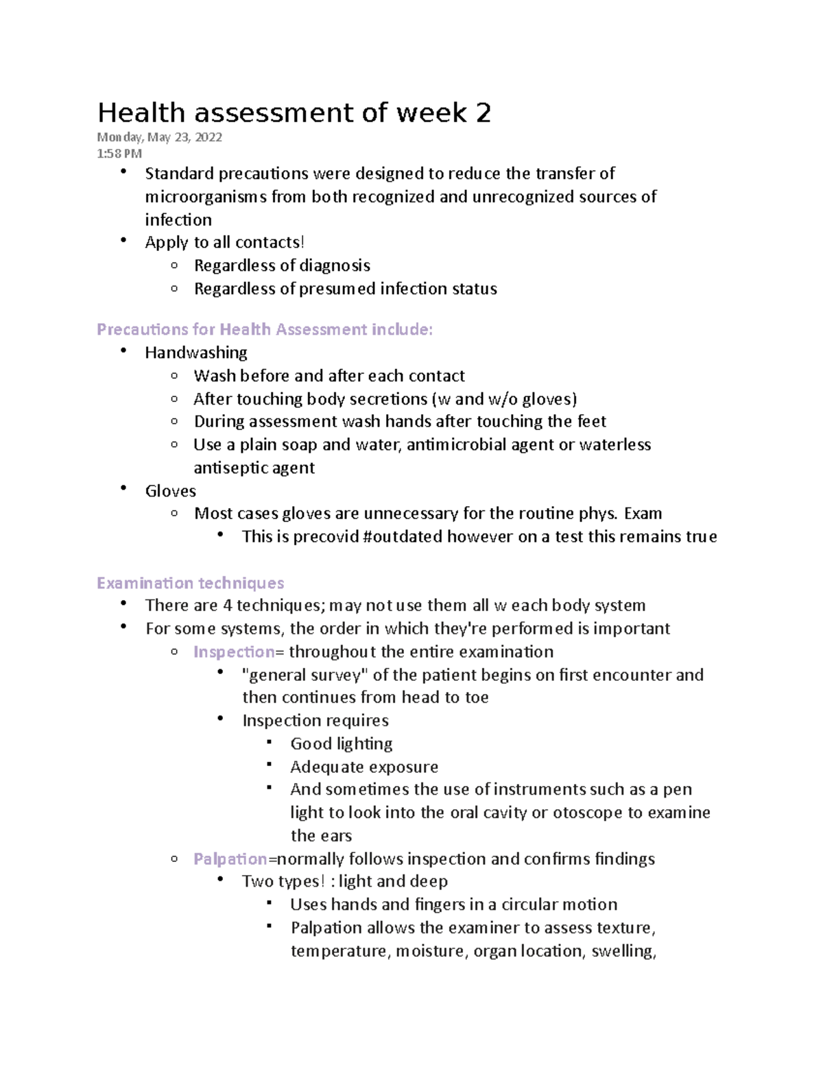 General assessment notes - Health assessment of week 2 Monday, May 23 ...