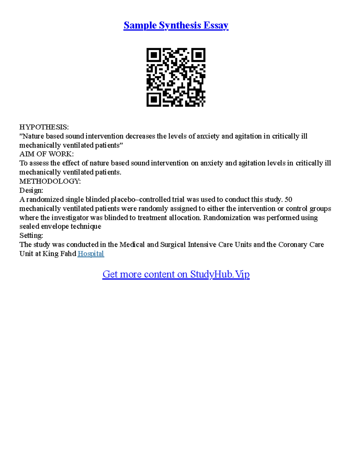 Sample Synthesis Essays - Sample Synthesis Essay HYPOTHESIS: "Nature ...