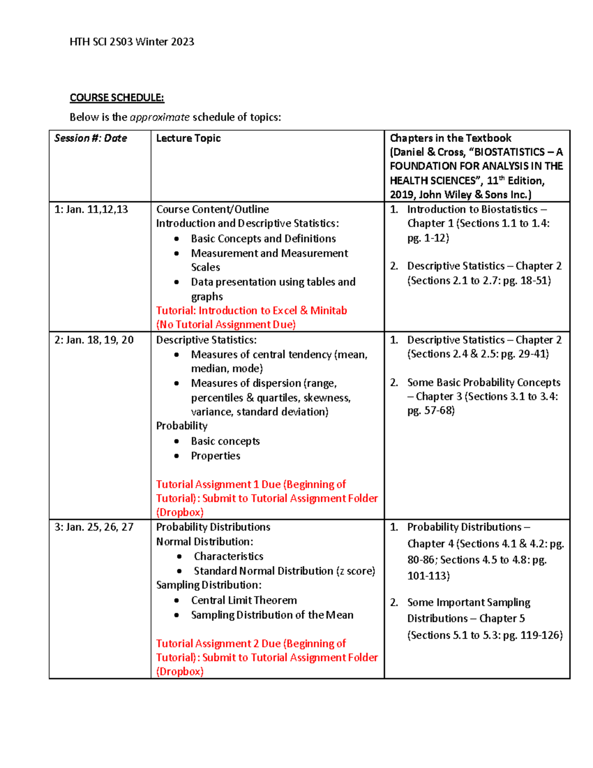 HTH SCI 2S03 Course Schedule Winter 2023 - HTH SCI 2S03 Winter 2023 COURSE SCHEDULE: Below is ...