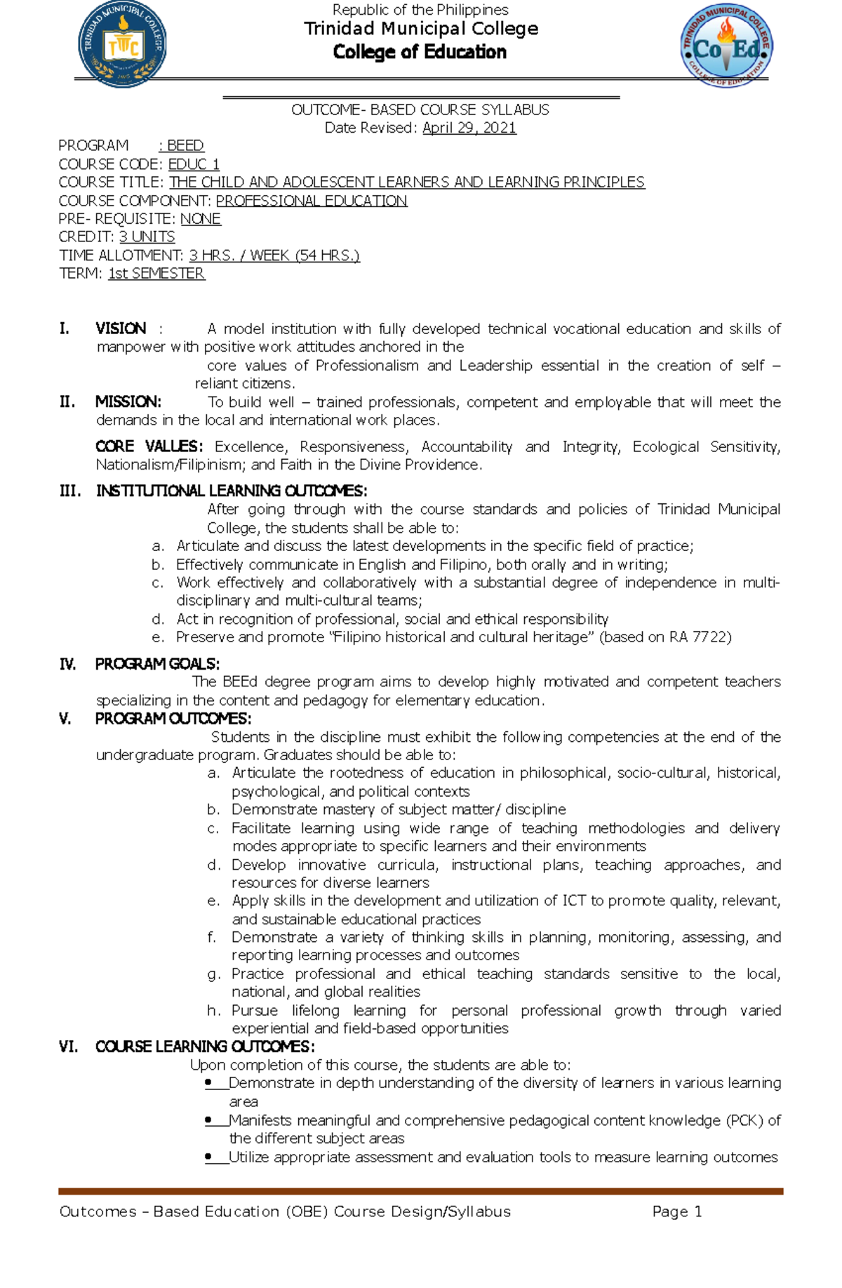 EDUC 1 (BEED- Child AND Adolescent Learners AND Learning Preinciples ...