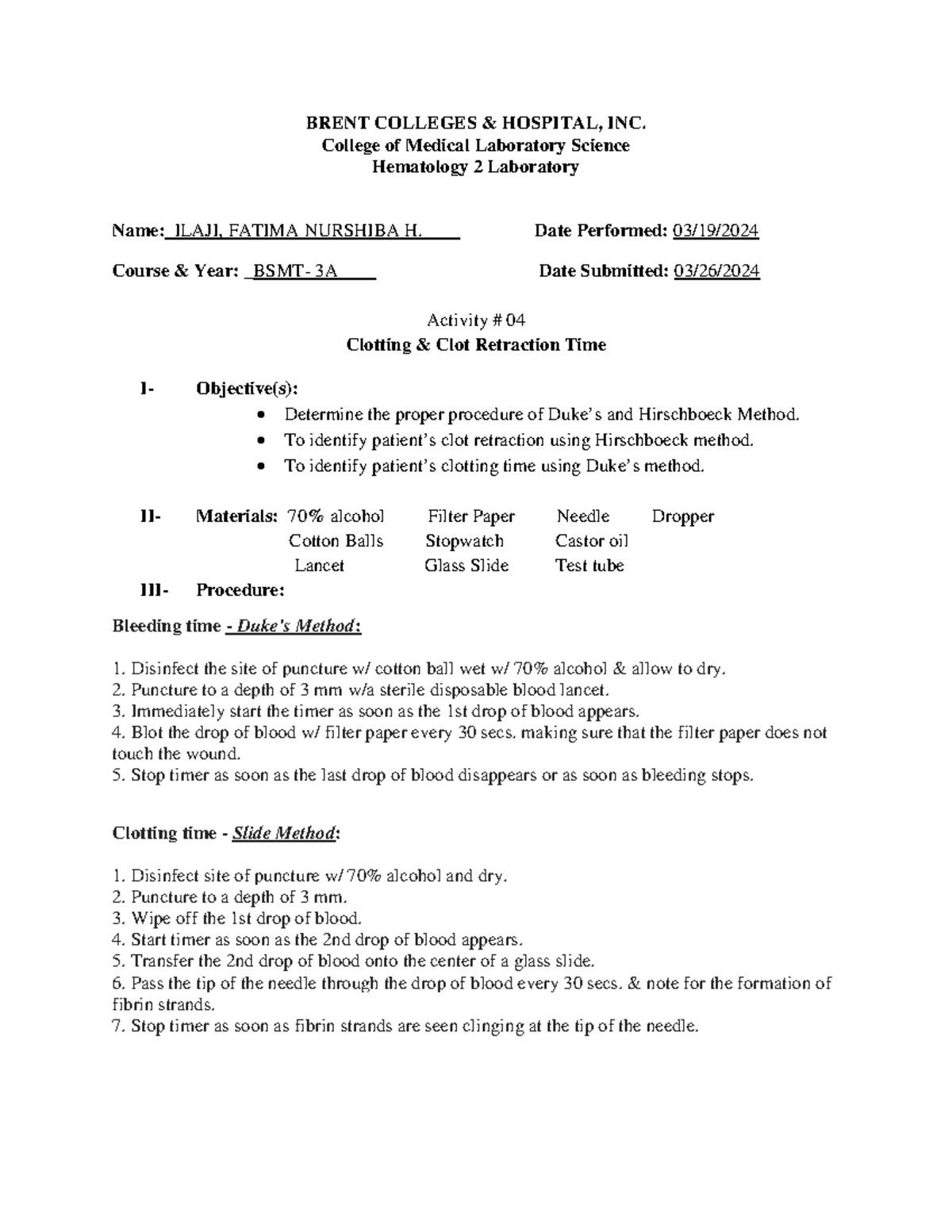 Hema-act-4 - Hematology 2 - BRENT COLLEGES & HOSPITAL, INC. College of ...