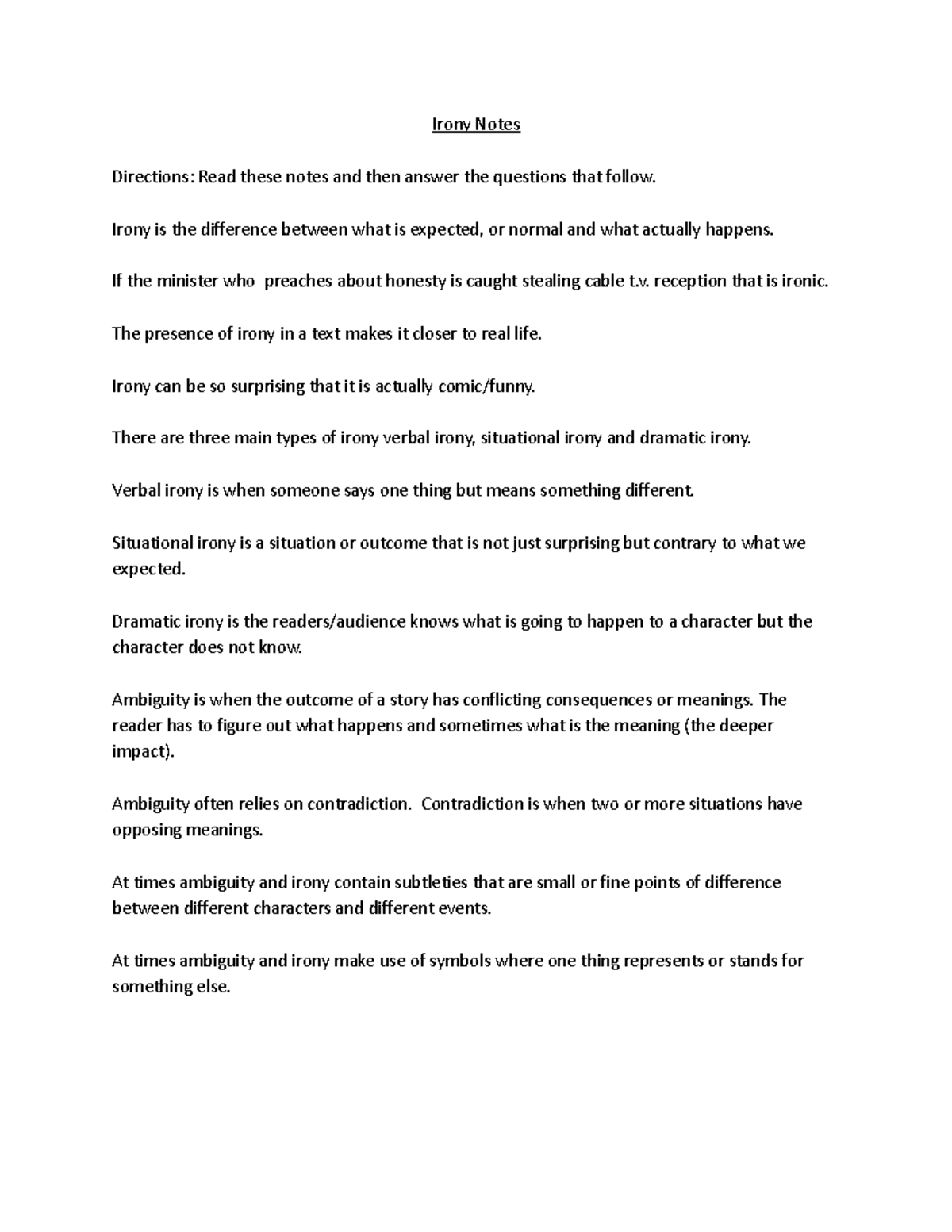 Irony Assignment - Irony Notes Directions: Read these notes and then ...