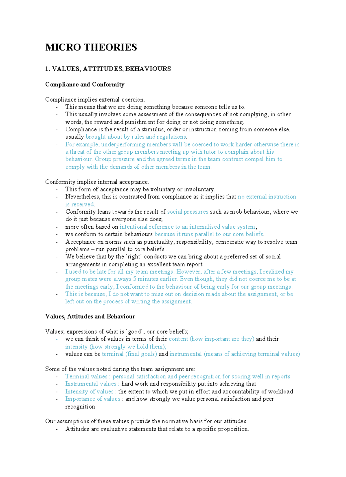 Ob-micro-analysis-h1 - MICRO THEORIES 1. VALUES, ATTITUDES, BEHAVIOURS ...