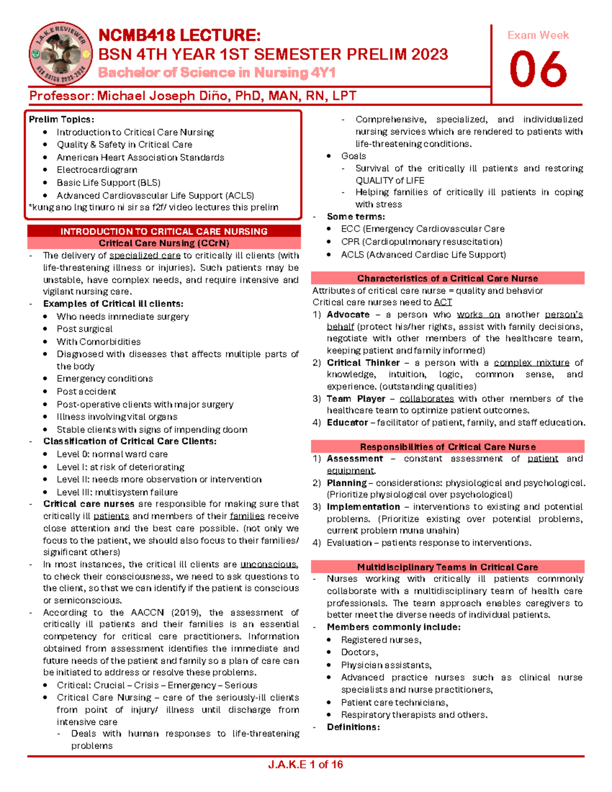 NCMB418 LEC Prelim - Get it - Professor: Michael Joseph Diño, PhD, MAN, RN, LPT NCMB 418 LECTURE ...
