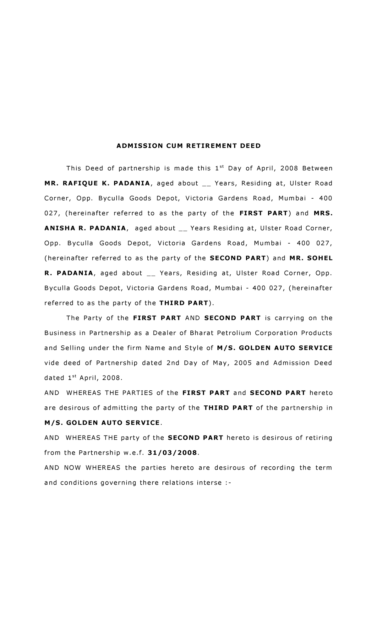 Golden AUTO Service (23-08-08) - ADMISSION CUM RETIREMENT DEED This ...
