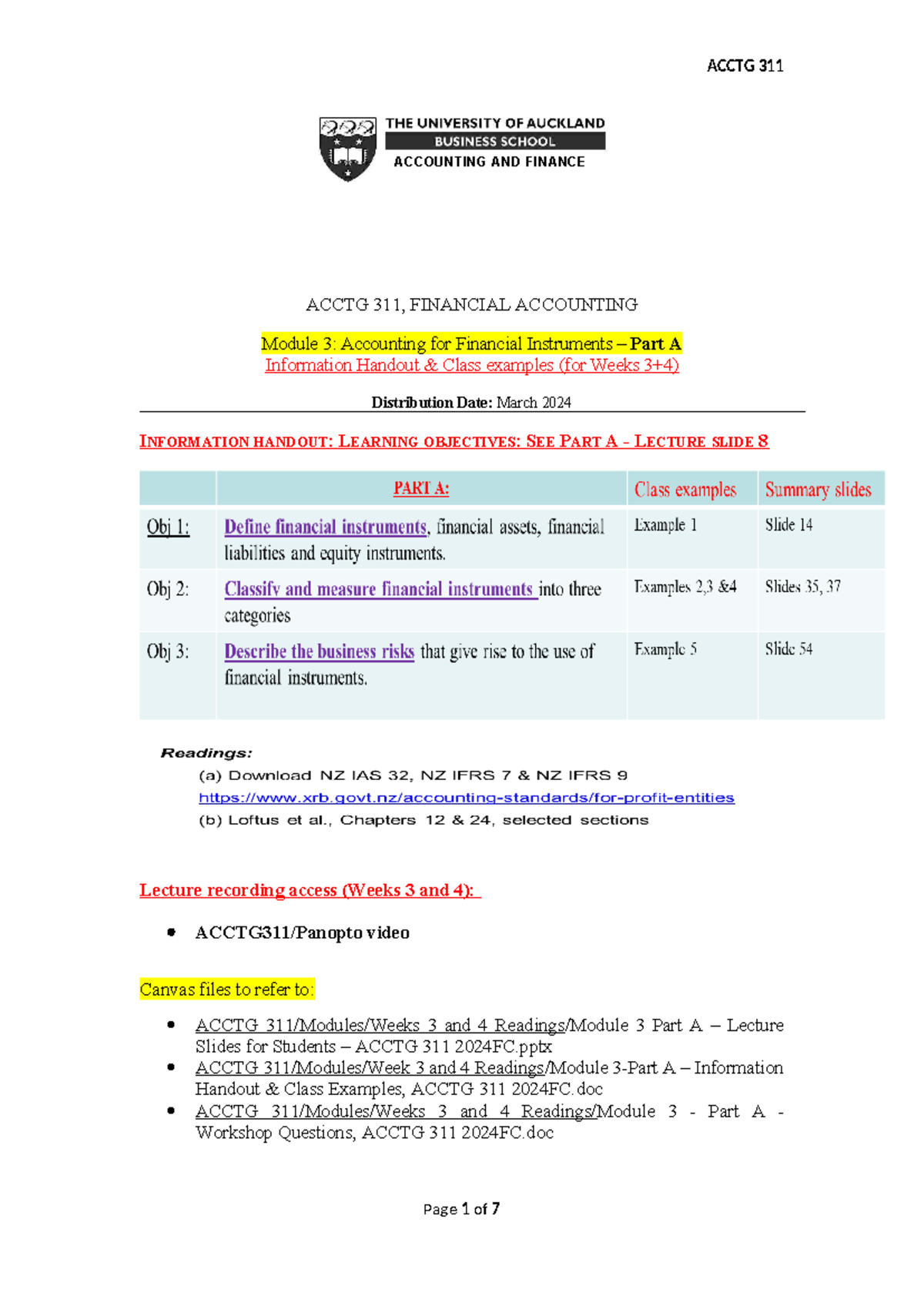 Module 3 - Part A - Information Handout and Class Examples, ACCTG 311 ...