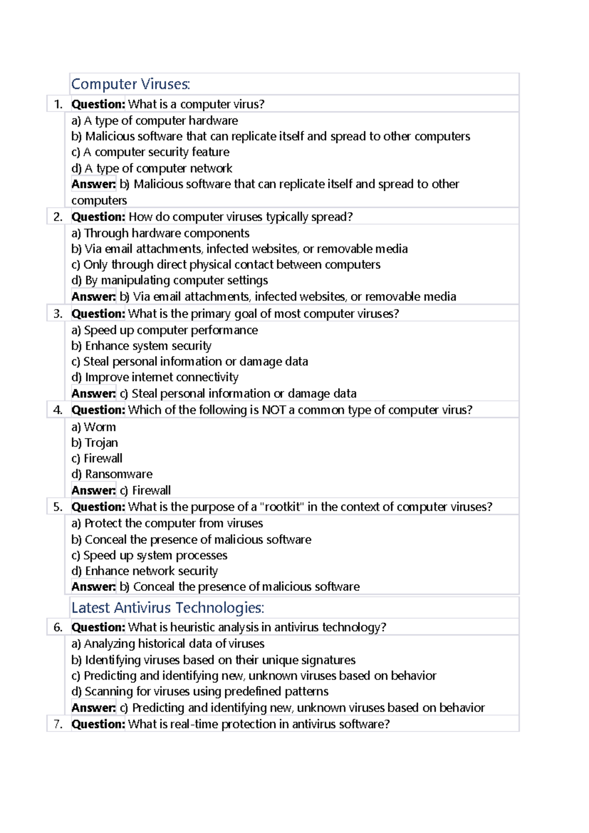 COmputer Viruses mcq - Computer Viruses: Question: What is a computer virus? a) A type of ...