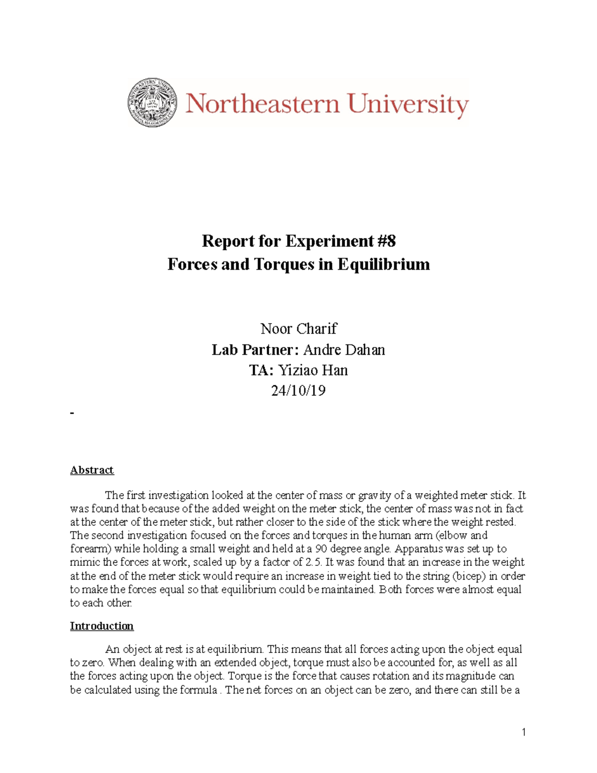 Report for Experiment #8 - Report for Experiment Forces and Torques in ...