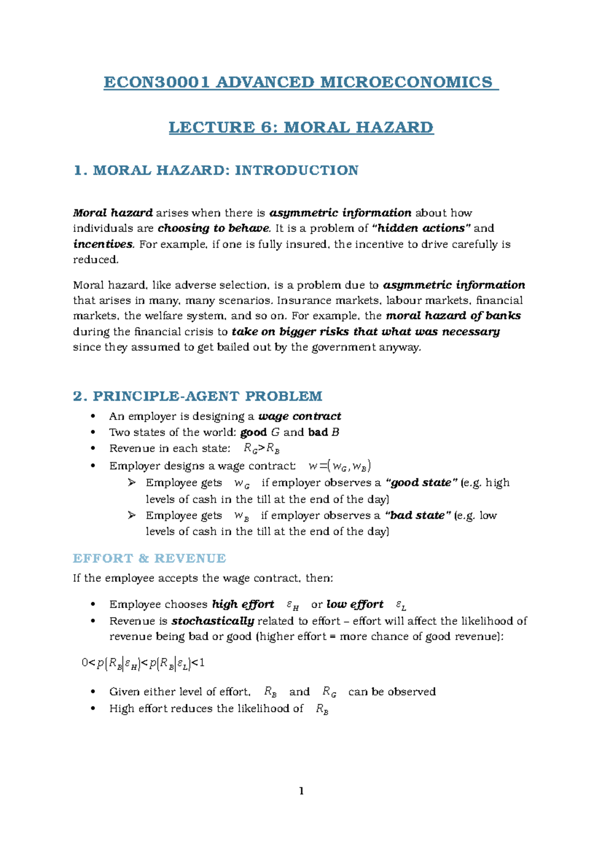 Moral Hazard - Lecture notes 6 - ECON30001 ADVANCED MICROECONOMICS ...