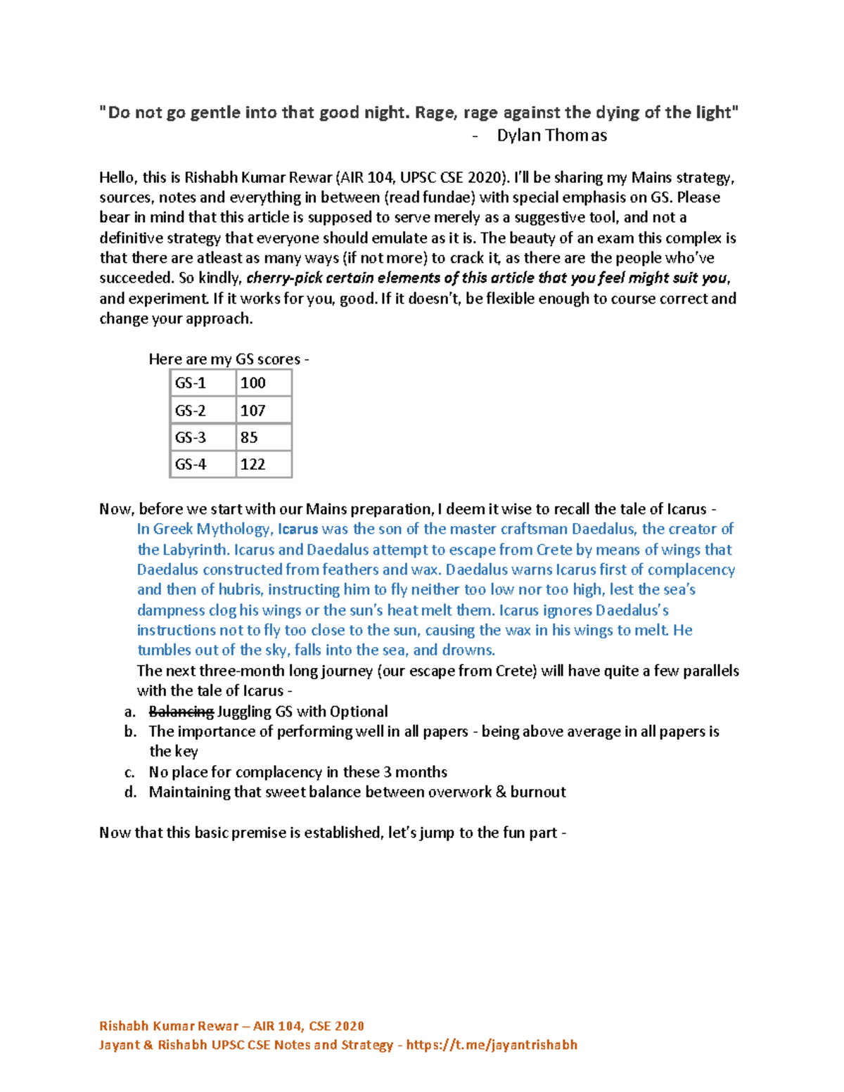 Tryst with Mains - Rishabh Kumar Rewar – AIR 104, CSE 2020 "Do not go gentle into that good ...