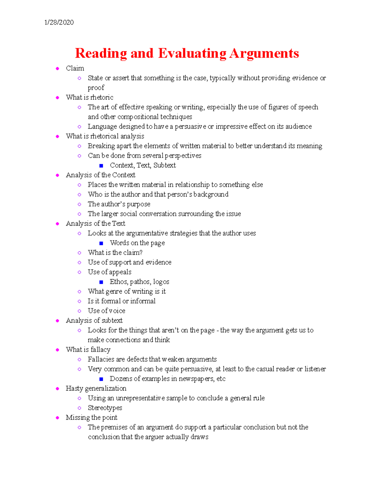 Reading and Evaluating Arguments (1 28 2020) - 1/28/ Reading and ...