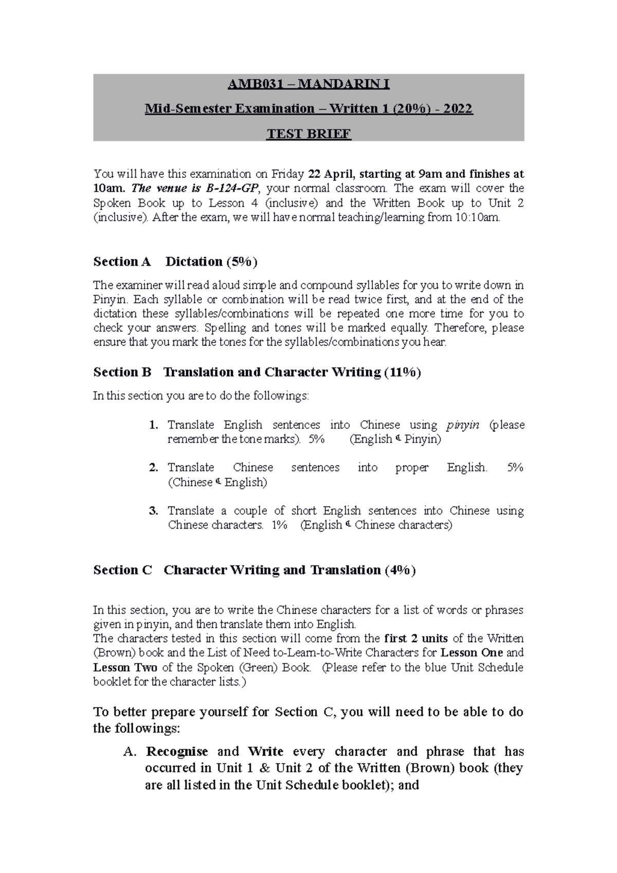 AMB031 Brief on 1st Written Test (2022) - AMB031 – MANDARIN I Mid ...