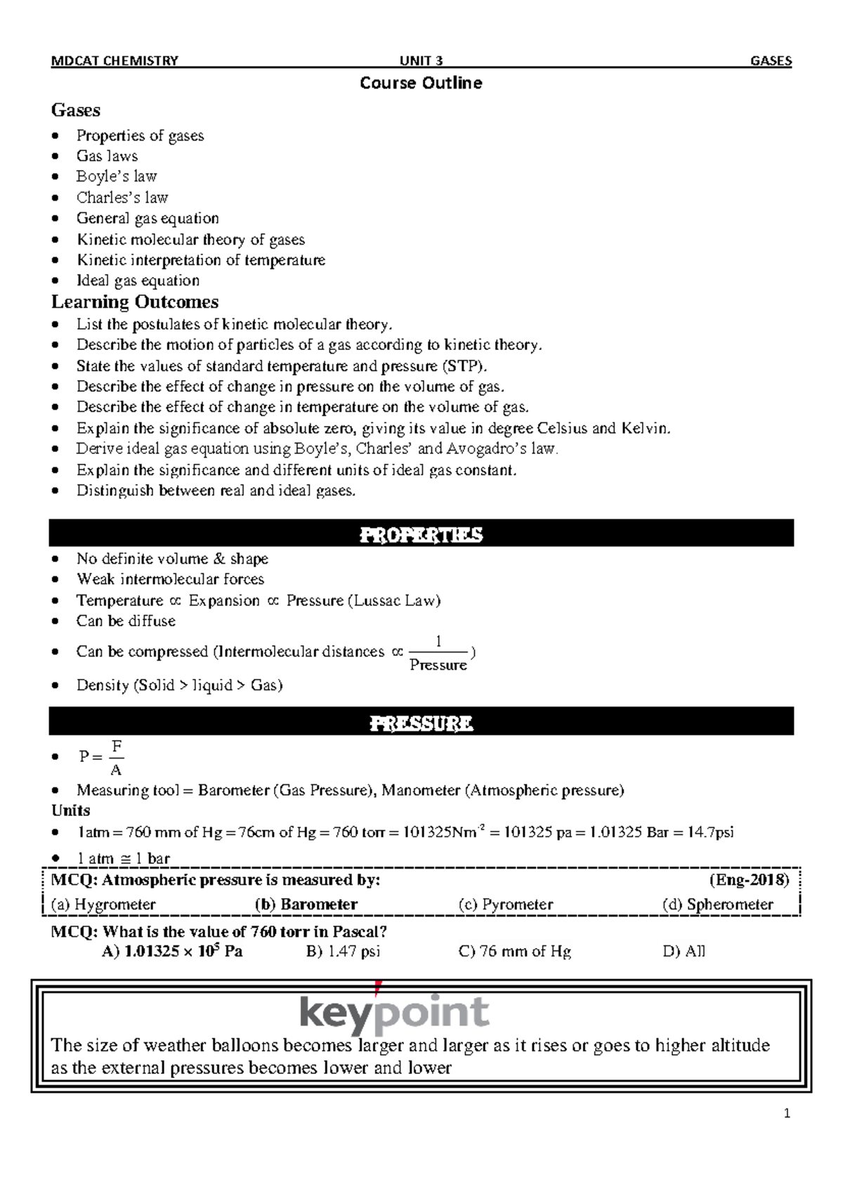03-Gases - important - Course Outline Gases Properties of gases Gas ...