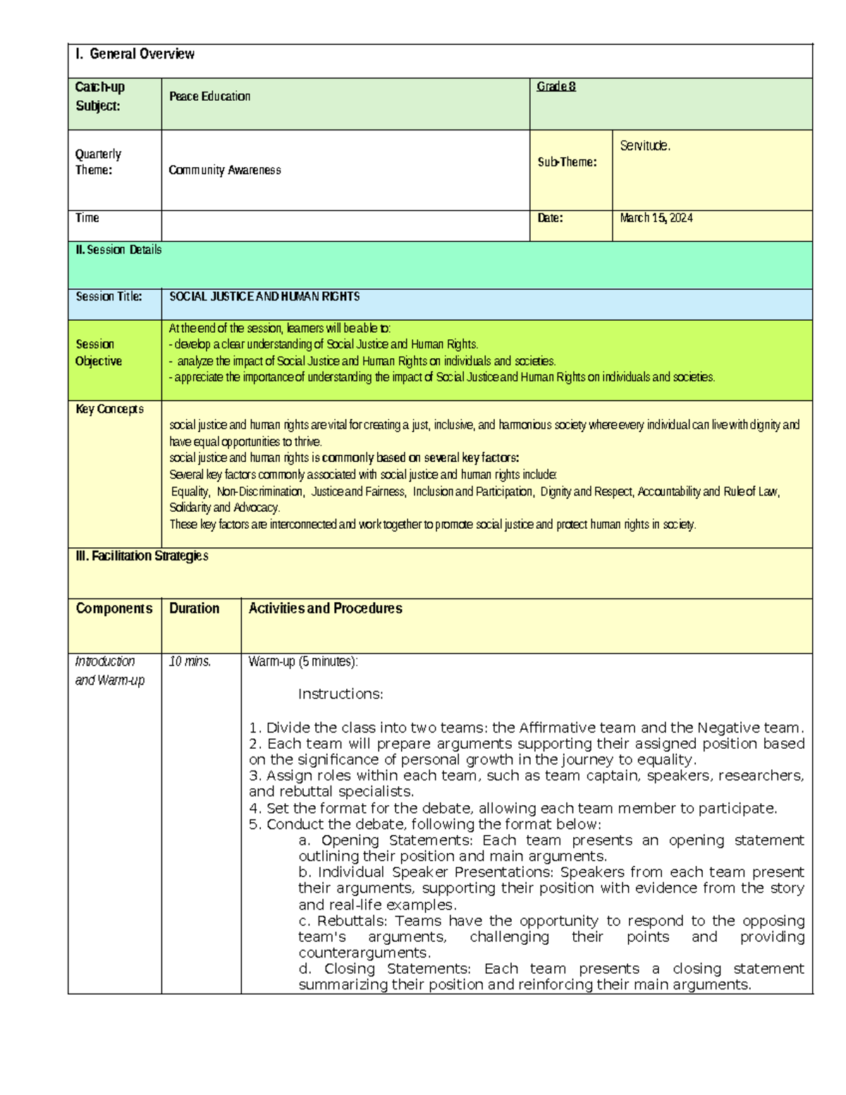 Lesson PLAN Debate - bjb - I. General Overview Catch-up Subject: Peace ...
