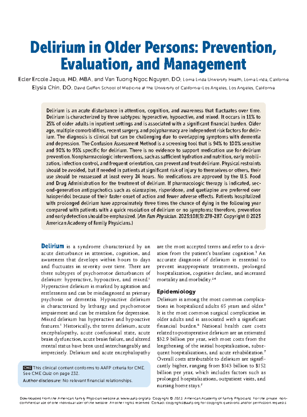 Delirium in Older Persons - 278 American Family Physician aafp/afp ...