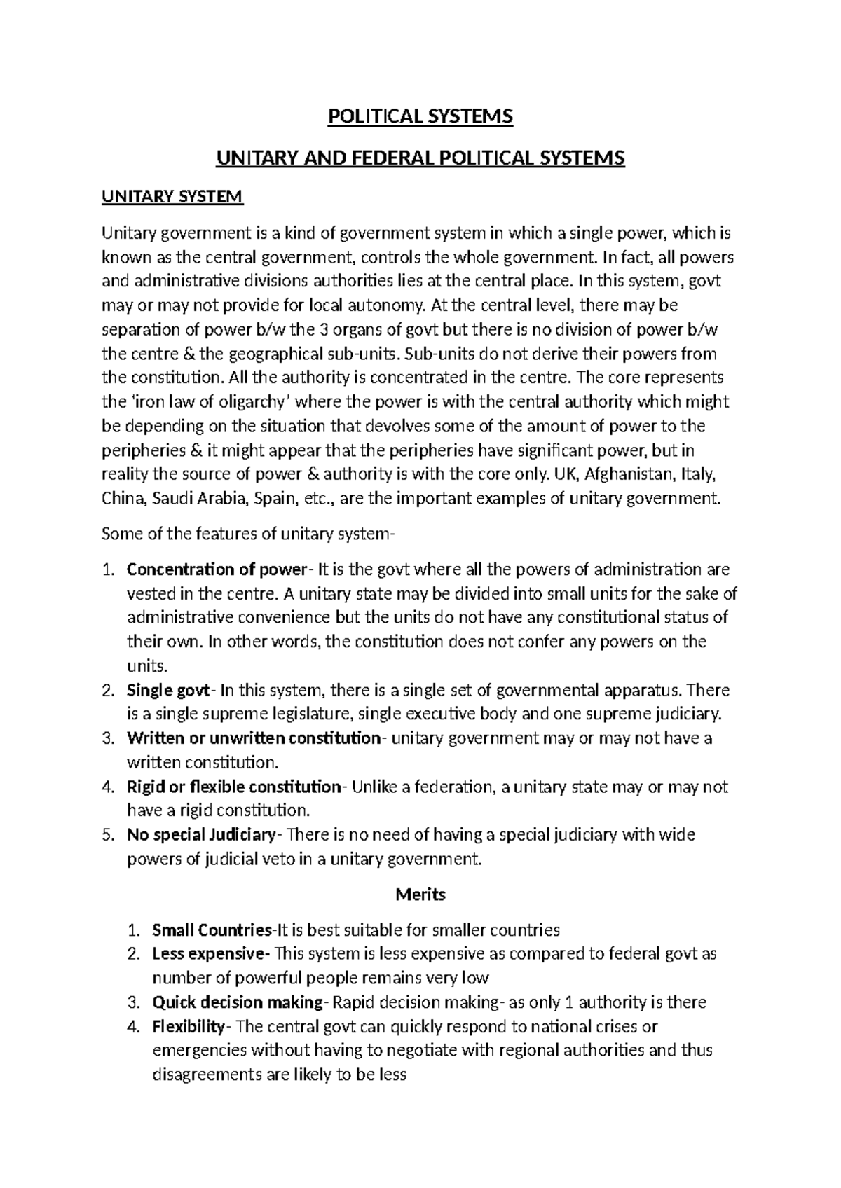 UNIT 2 - Comparative Govt and politics (notes) - POLITICAL SYSTEMS ...