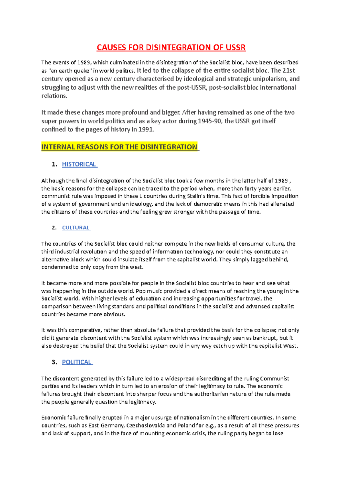 Causes FOR Disintegration OF USSR Causes FOR Disintegration OF USSR ...