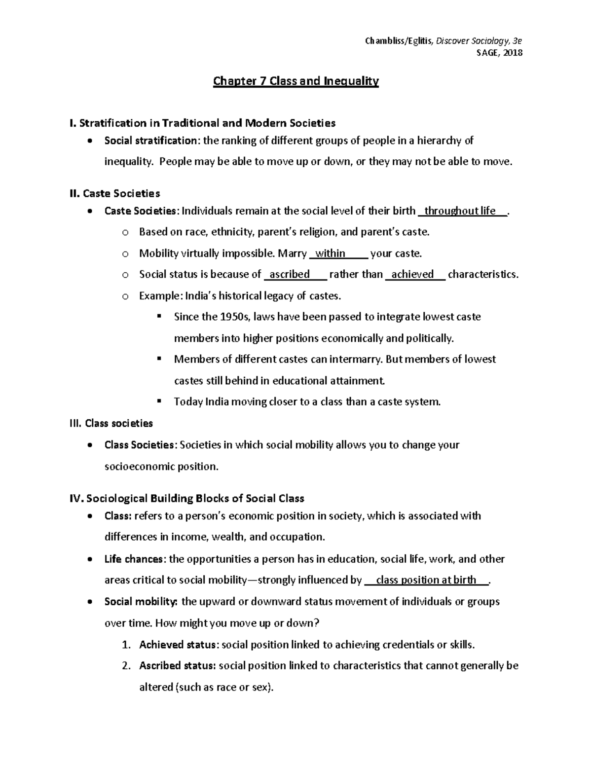 3 Ch 7 Social Class and Inequality notes Students - SAGE, 2018 Chapter ...