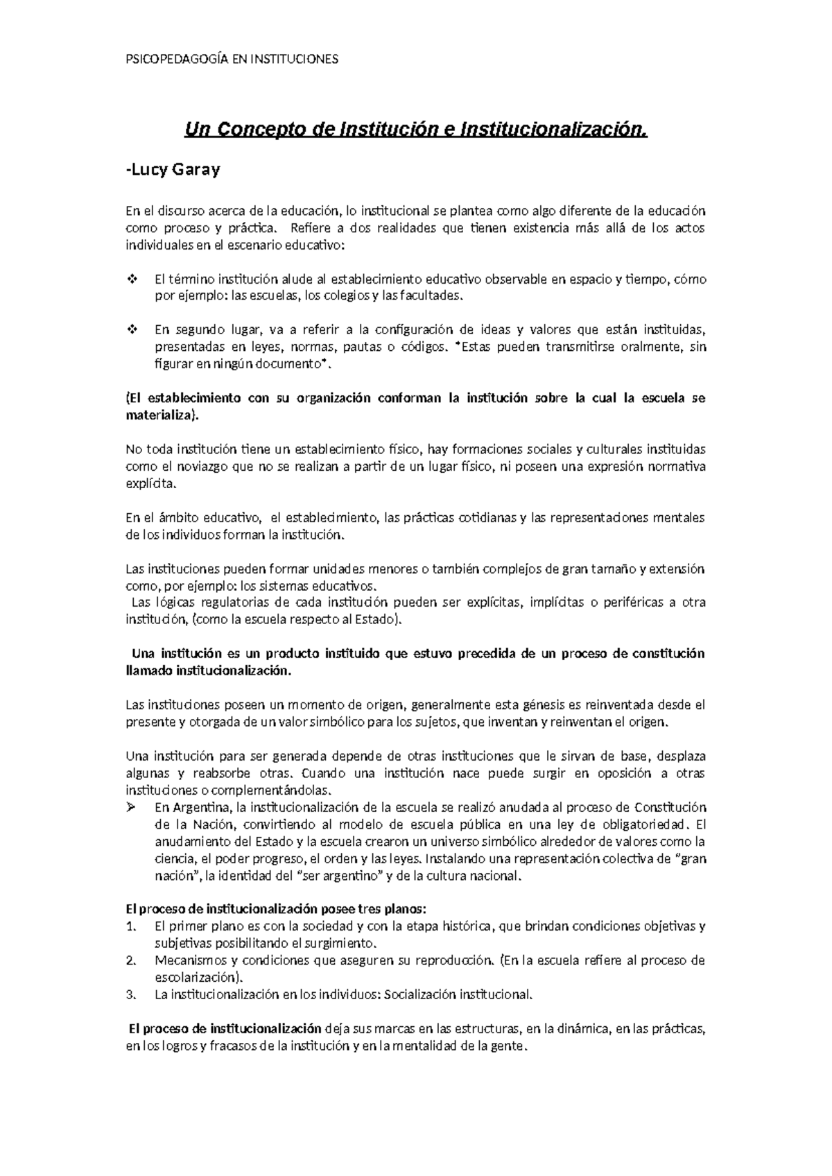 Un Concepto de Institución e Institucionalización -Lucy Garay En el ...