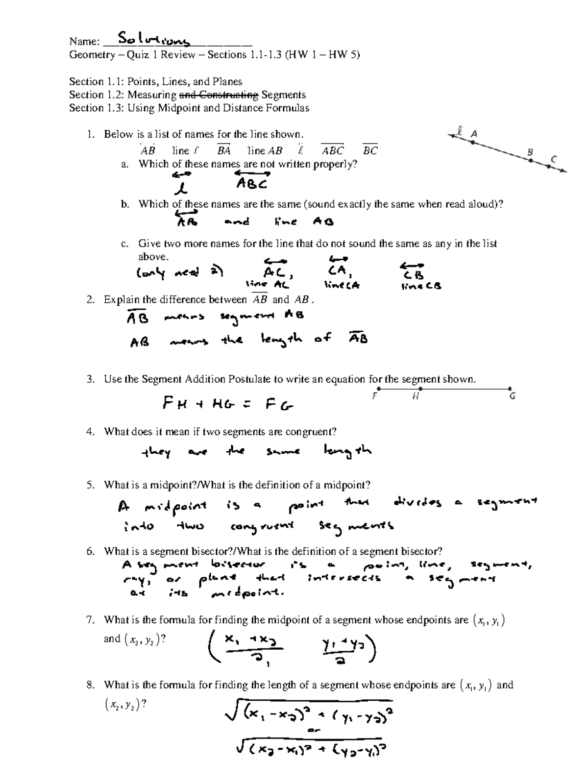 Quiz 1 review - solutions - Name: __________________________Geometry – Quiz 1 Review – Sections ...