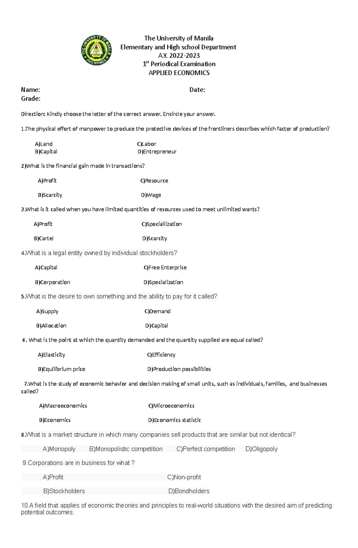 EXAM- Format - examination - The University of Manila Elementary and ...
