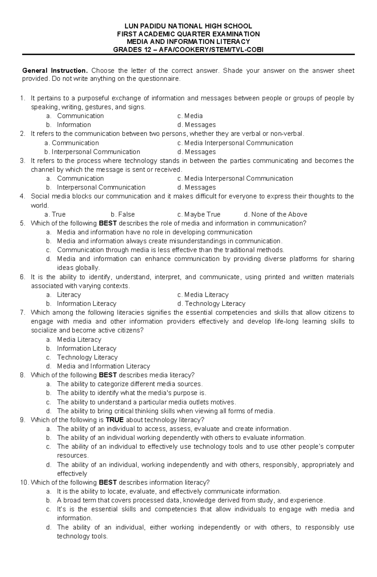 QUARTER 1 EXAMINATION MIL - LUN PADIDU NATIONAL HIGH SCHOOL FIRST ...