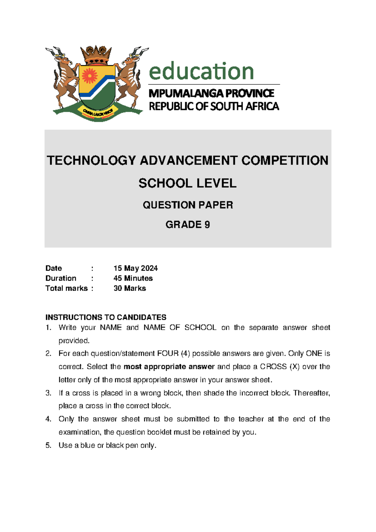 .arch Technology Grade 9 QP School Level 2024 - TECHNOLOGY ADVANCEMENT ...