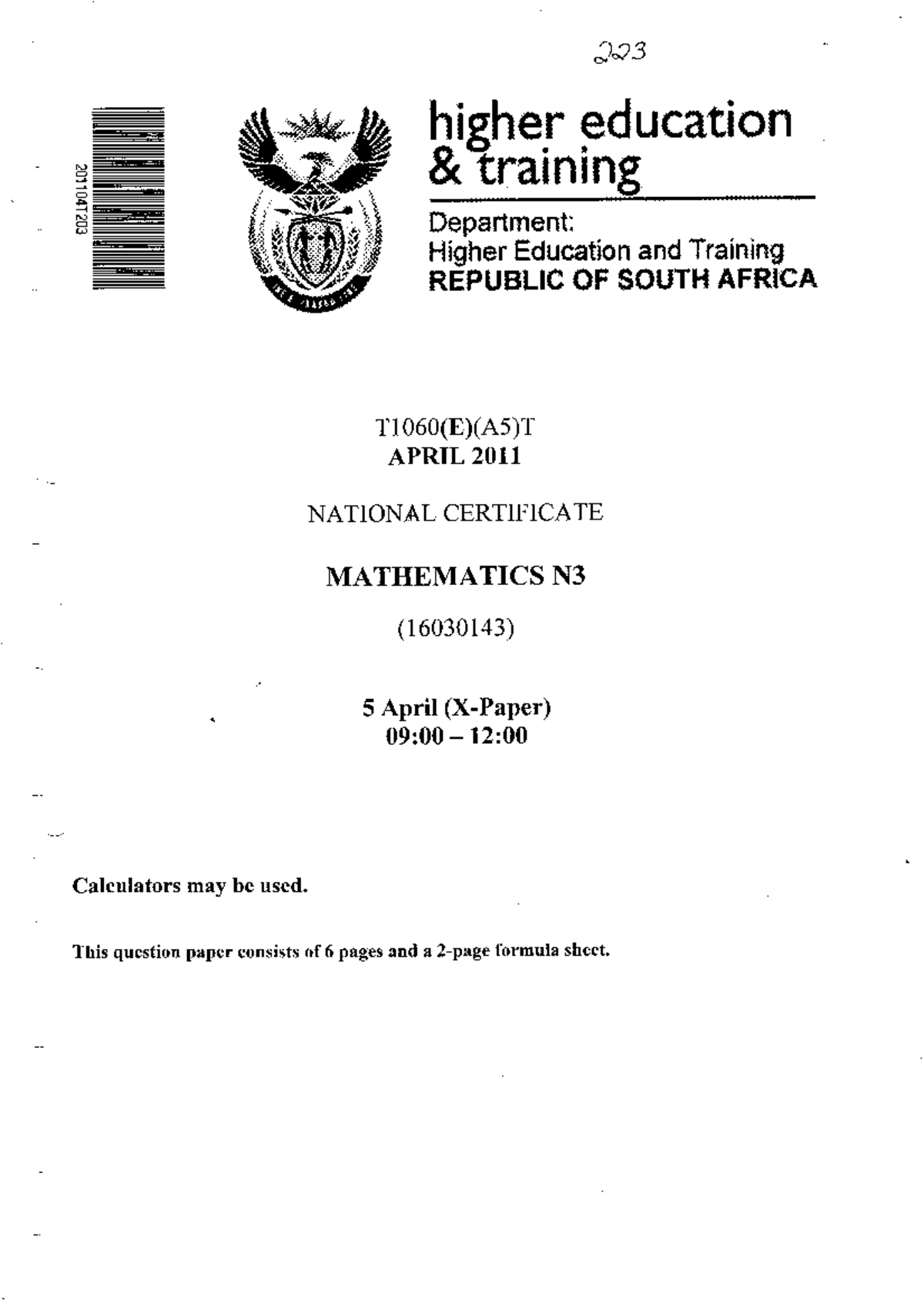 Mathematics N3 X-Paper Apr 2011 - Mathematics for business - Studocu