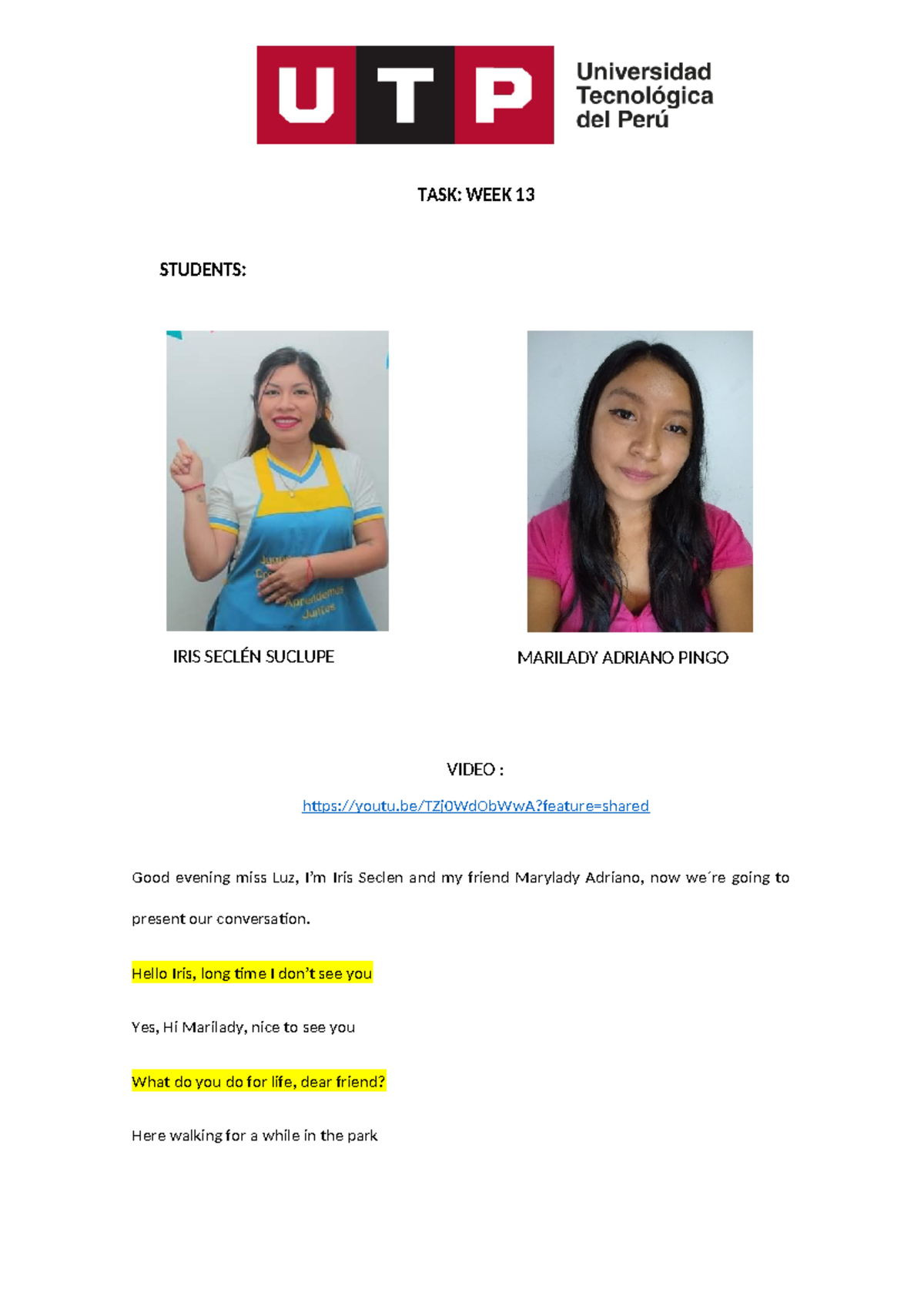 TASK 13 Marilady Adriano - ingles, tarea - TASK: WEEK 13 STUDENTS: IRIS SECLÉN SUCLUPE MARILADY ...