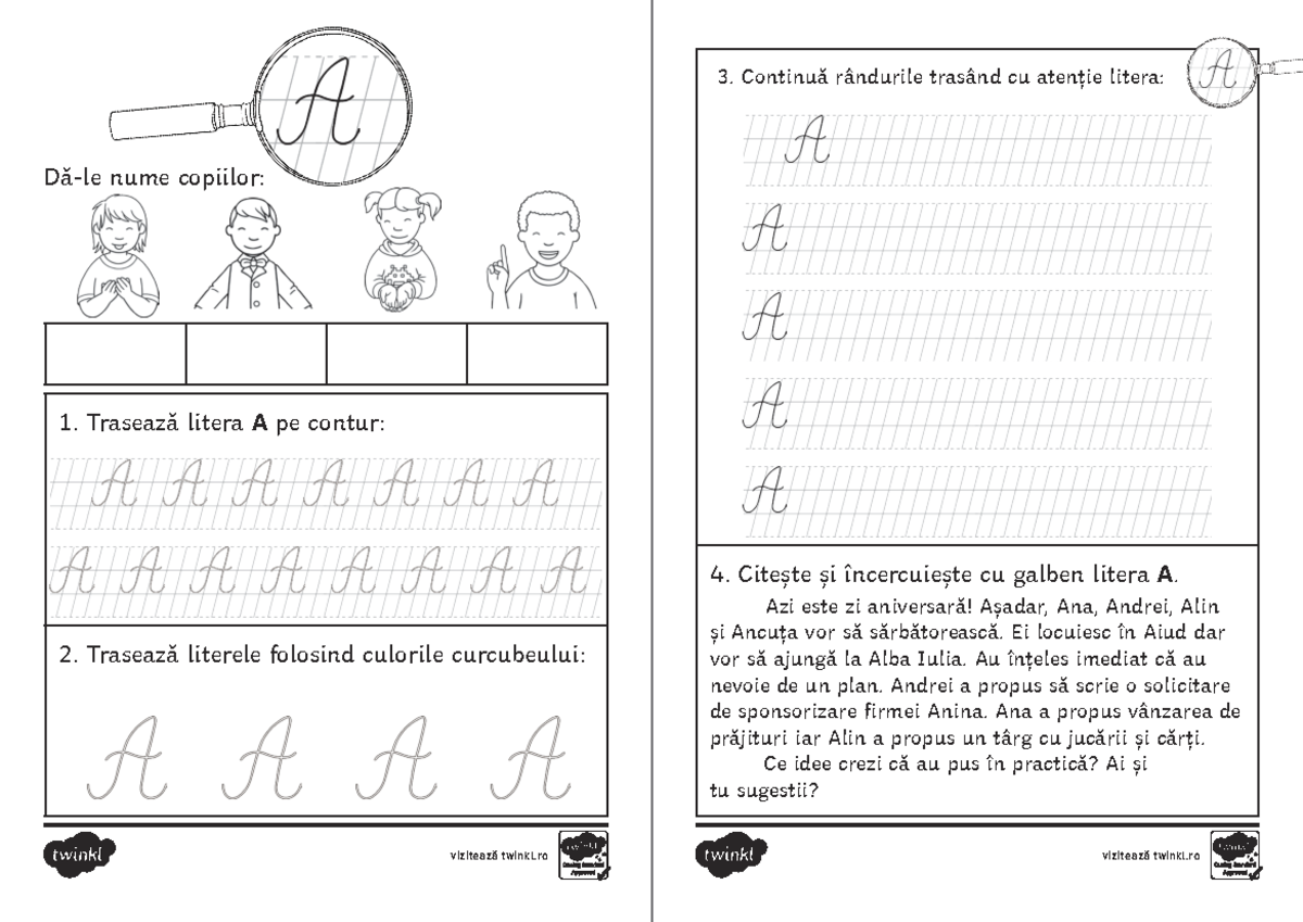 Trasarea literei A de mana - Fisa de activitate - 3. Continuă rândurile ...