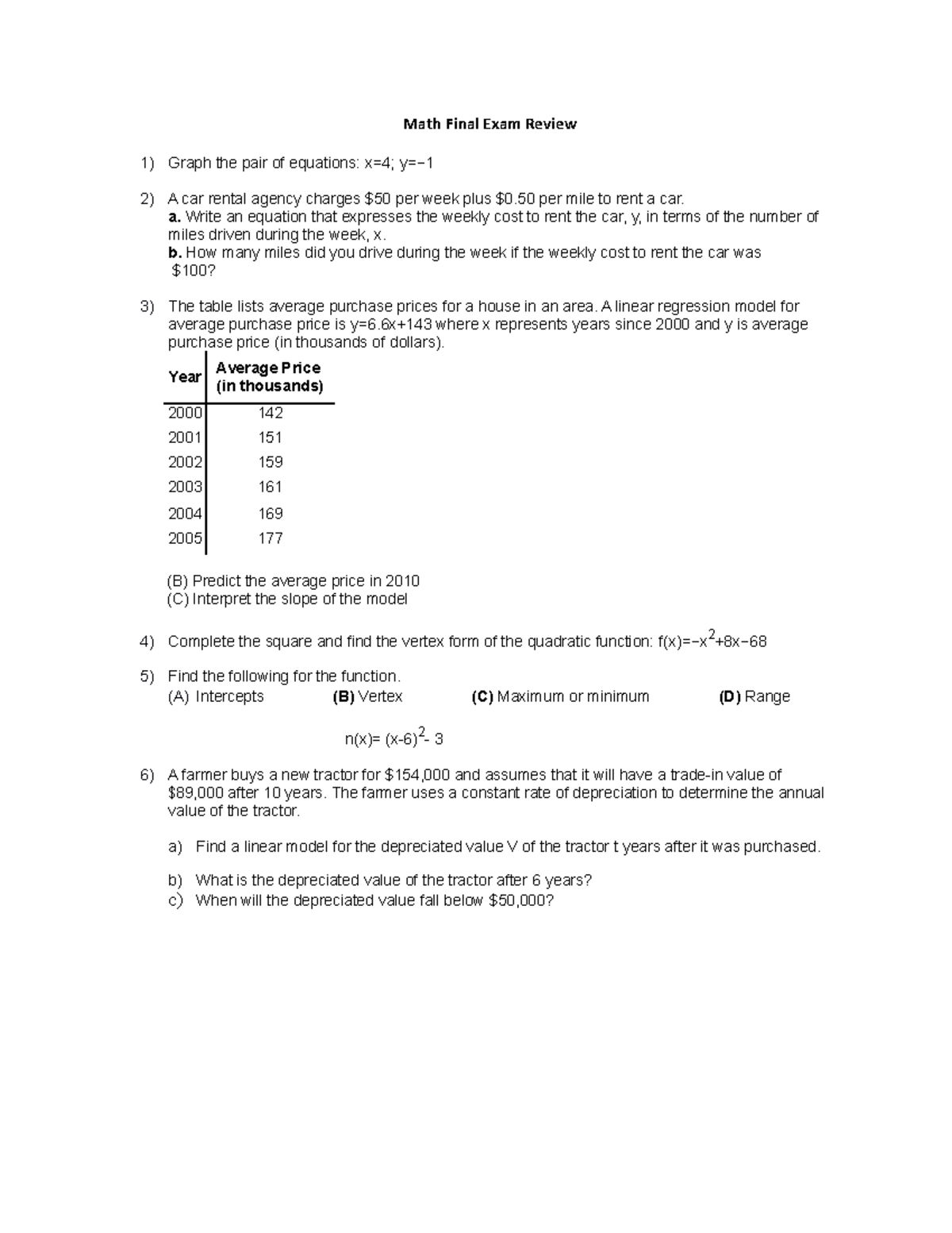 Math Final Exam Review - Math Final Exam Review Graph the pair of ...