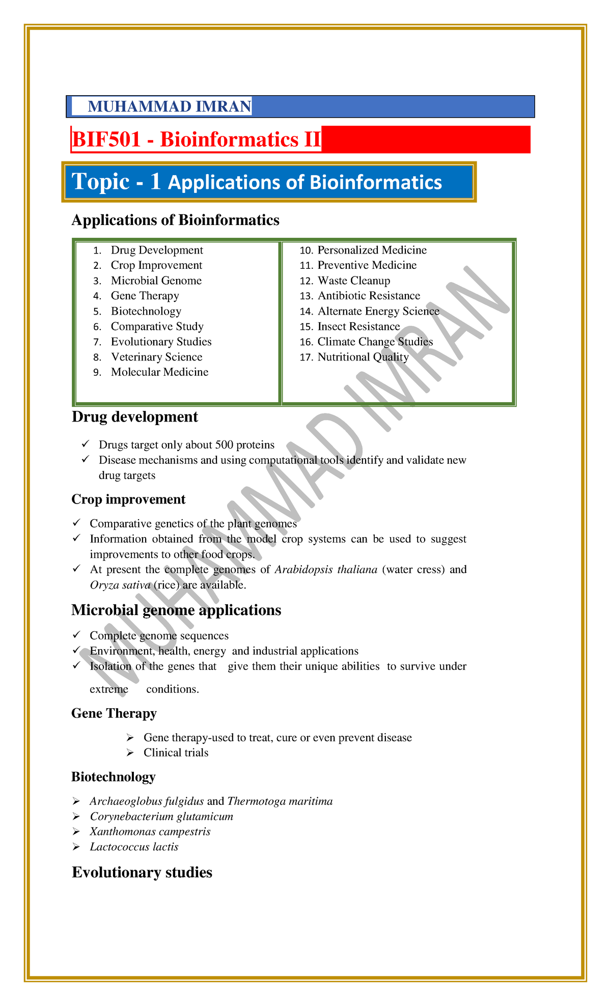 BIF501 Handouts PDF - BIF - ####### MUHAMMAD IMRAN BIF501 - Bioinformatics II Topic - 1 ...