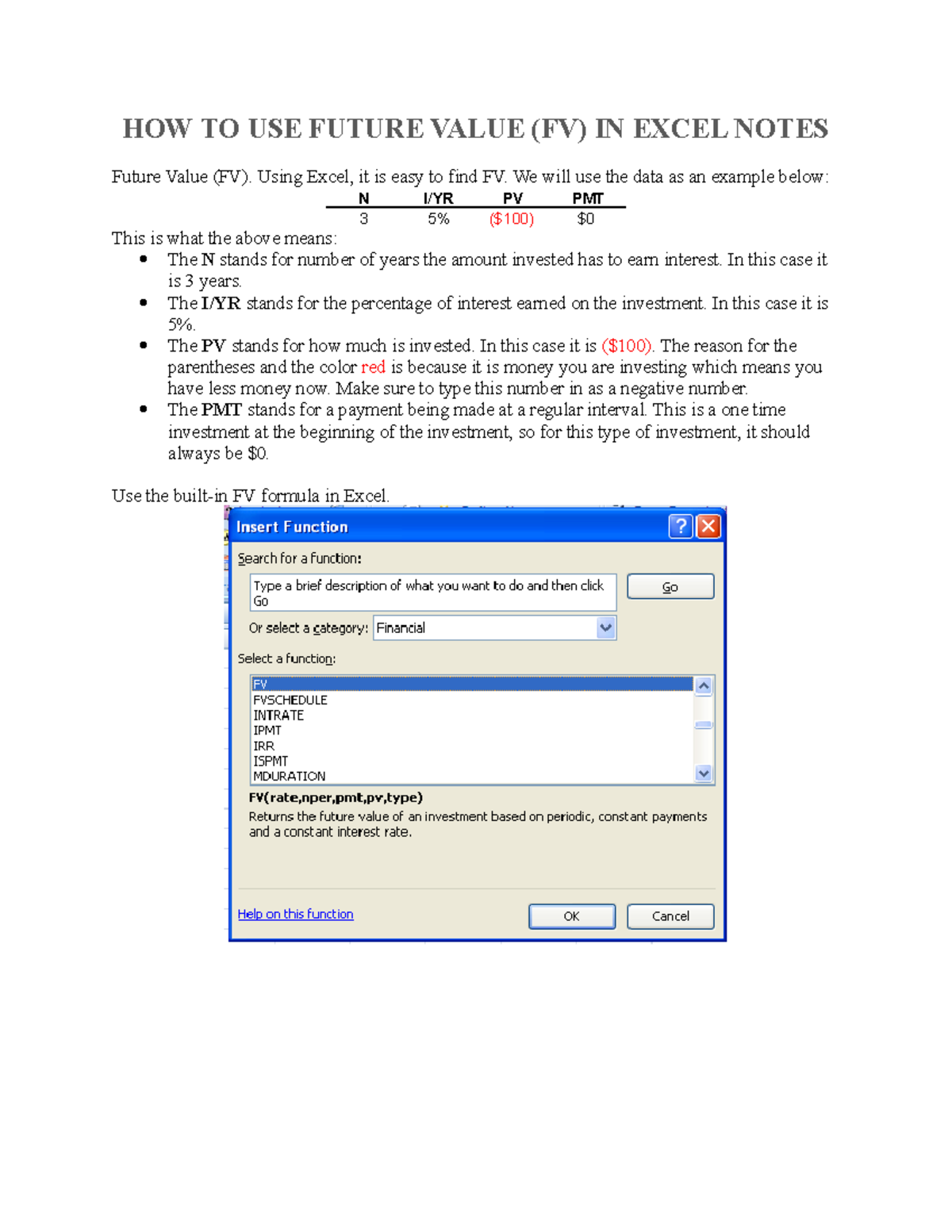 Future Value IN Excel Notes HOW TO USE FUTURE VALUE FV IN EXCEL