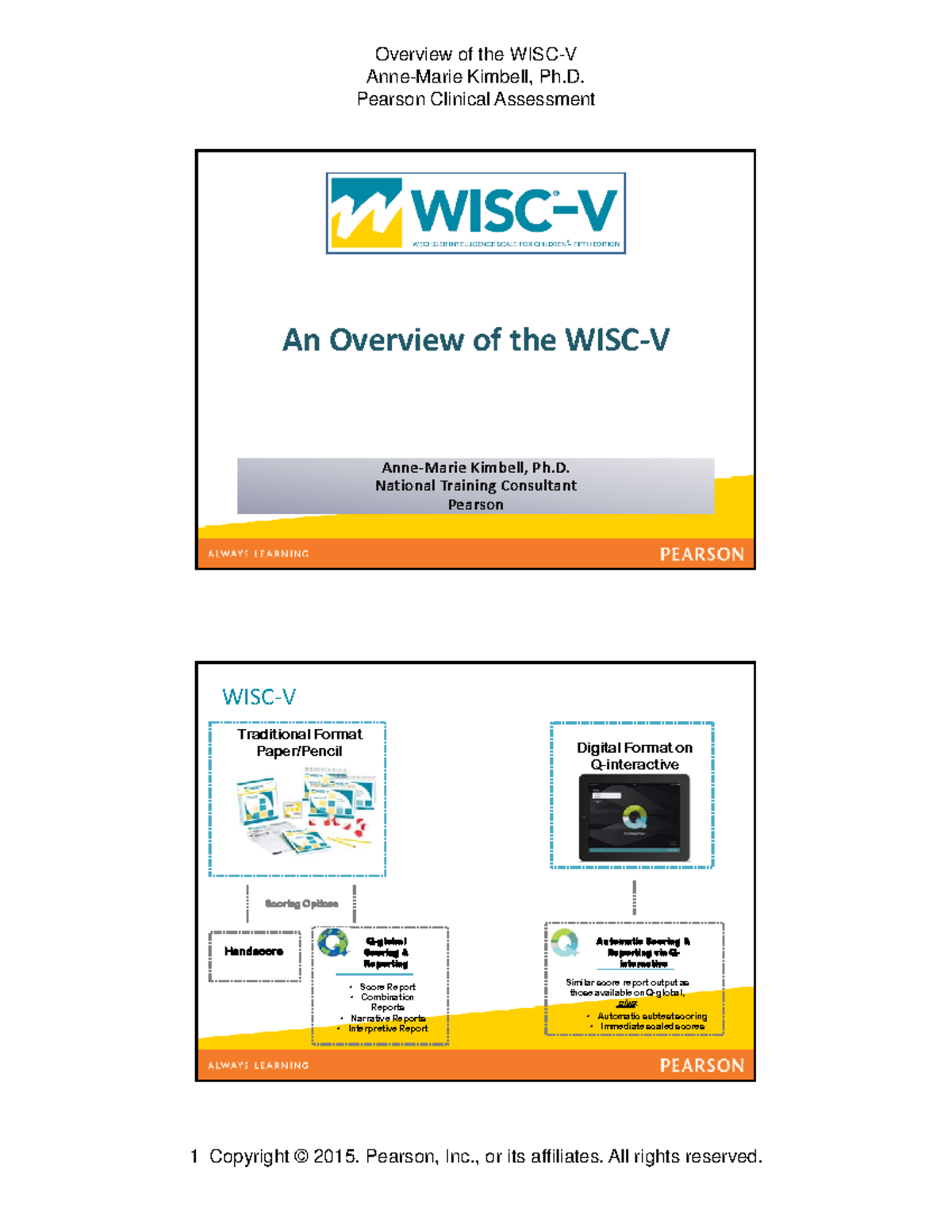 Wisc handout - Anne-Marie Kimbell, Ph. Pearson Clinical Assessment An ...