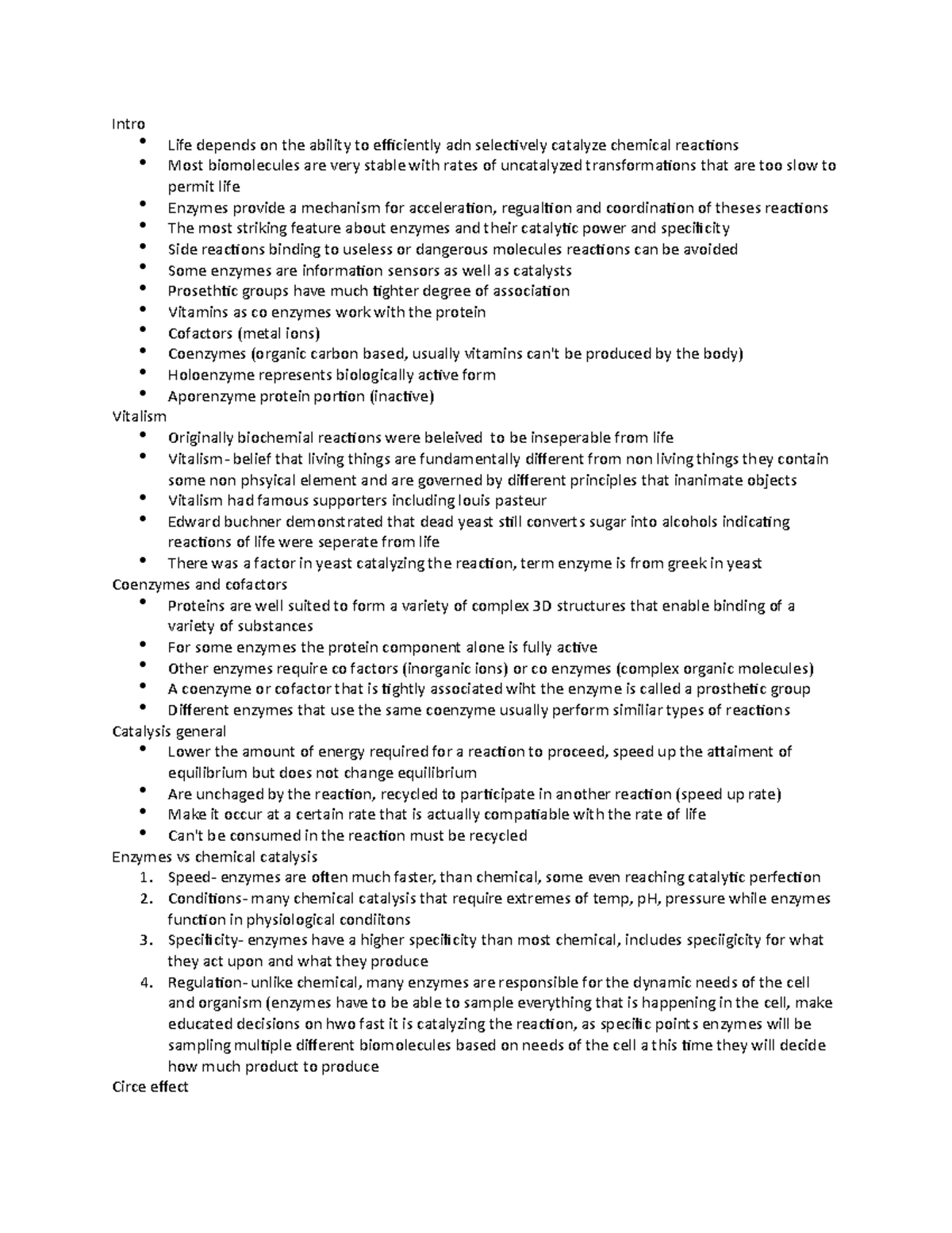 Unit six summary notes enzyme BMSC 200 - Intro Life depends on the ...